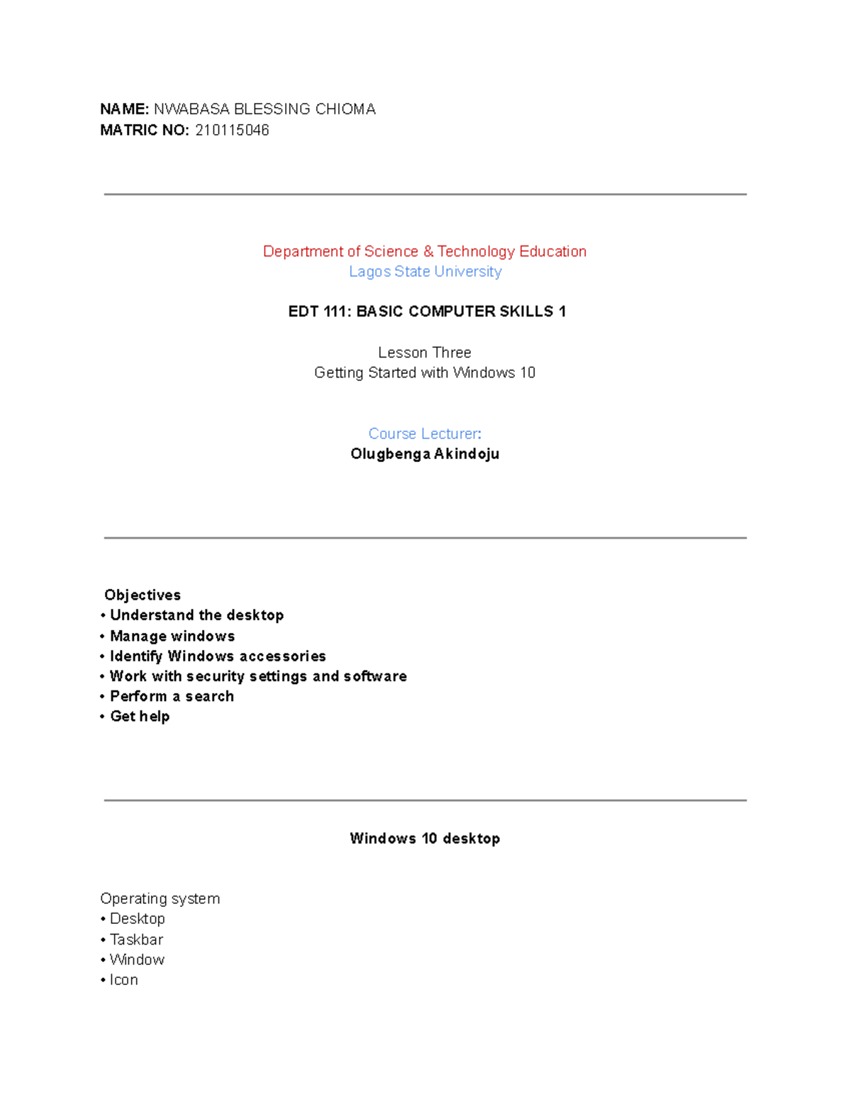 EDT-111-Getting started with windows 10 - NAME: NWABASA BLESSING CHIOMA ...