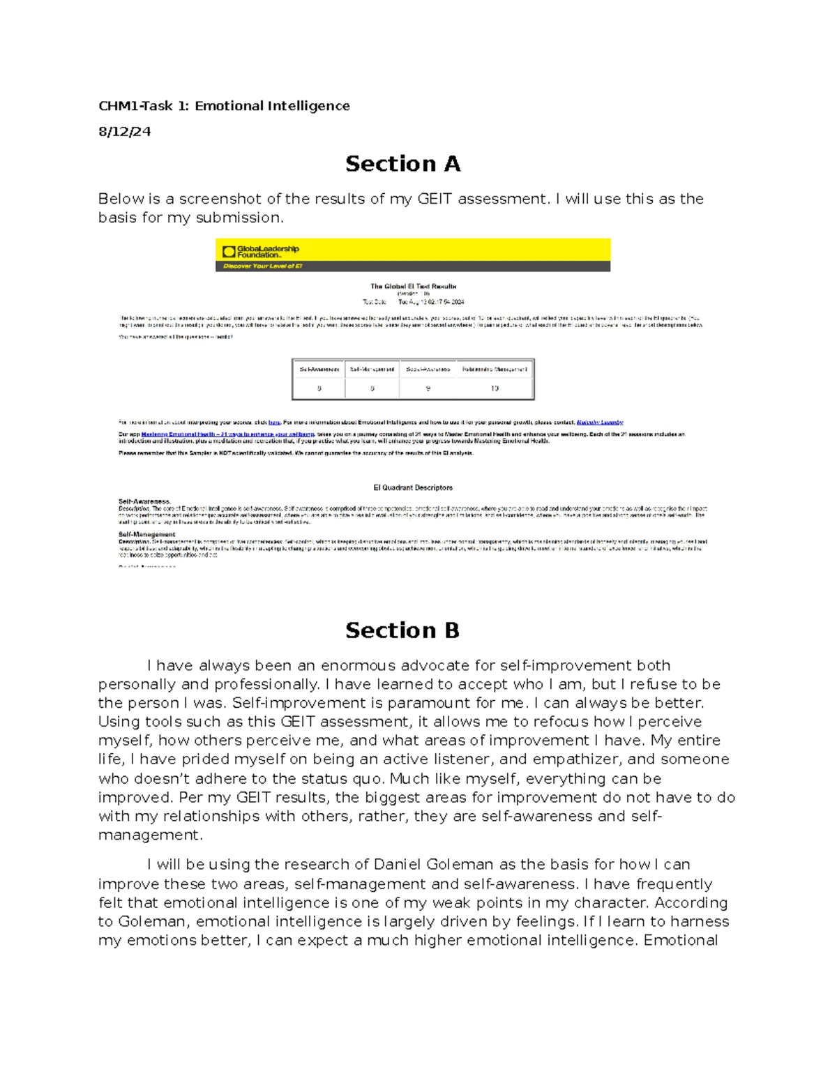 CHM1-Task 1 - My submission - CHM1-Task 1: Emotional Intelligence 8/12/ Section A Below is a ...