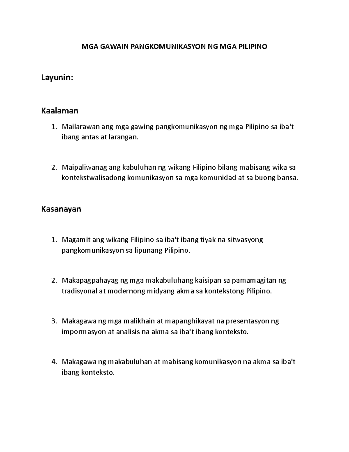 MGA Gawain Pangkomunikasyon NG MGA Pilipino - MGA GAWAIN ...