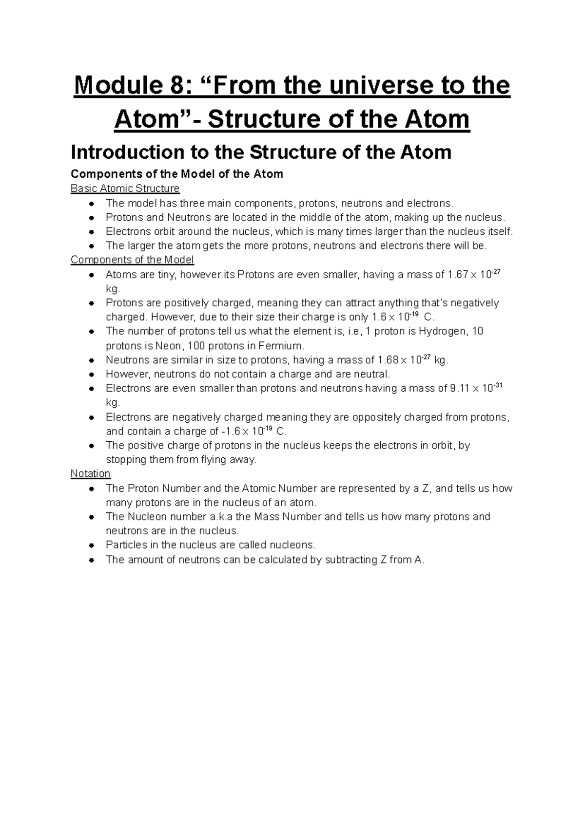 Atomi Mod 8 Notes - Structure of the Atom - Module 8: “From the ...