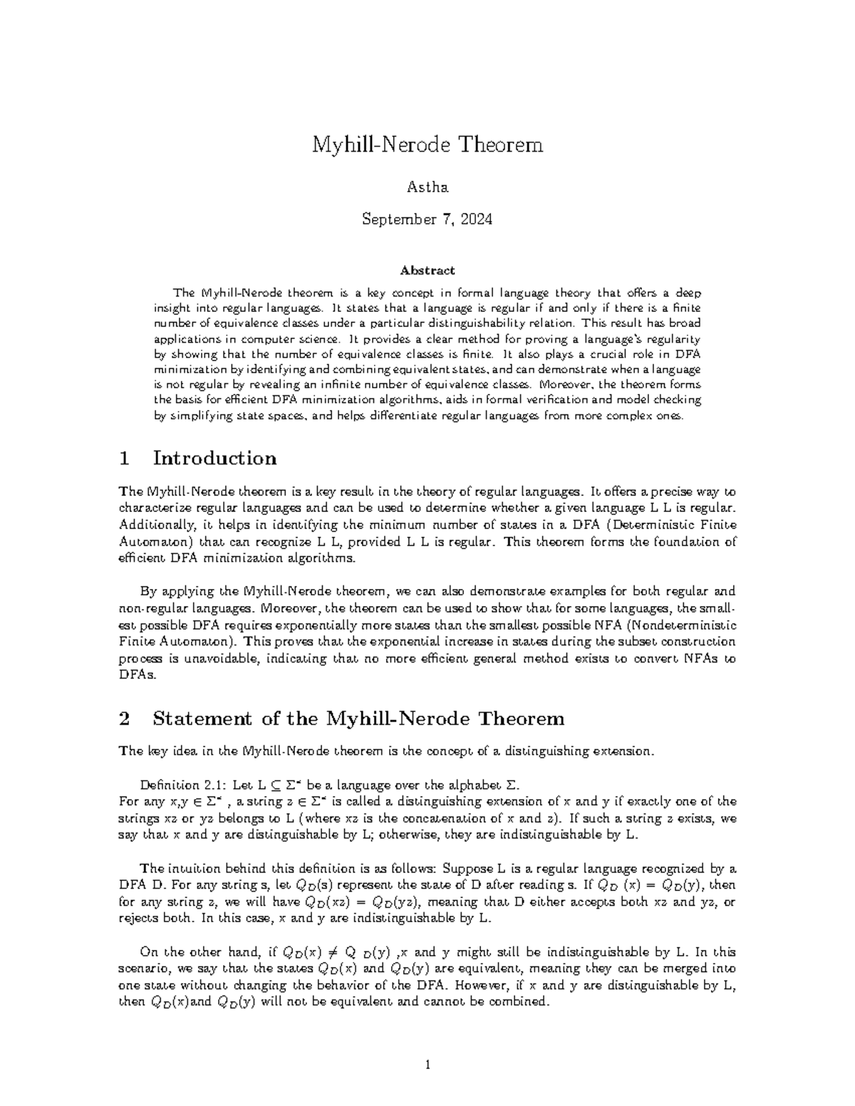 Example Project 4 -2 - assisgment 1 - Myhill-Nerode Theorem Astha September 7, 2024 Abstract The ...