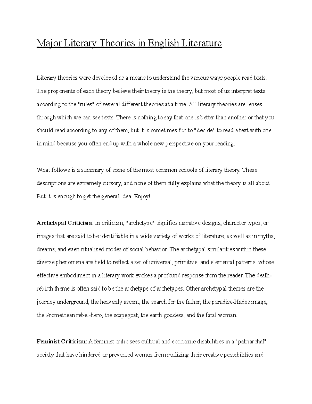 Major Literary Theories in English Literature - Archetypal criticism ...