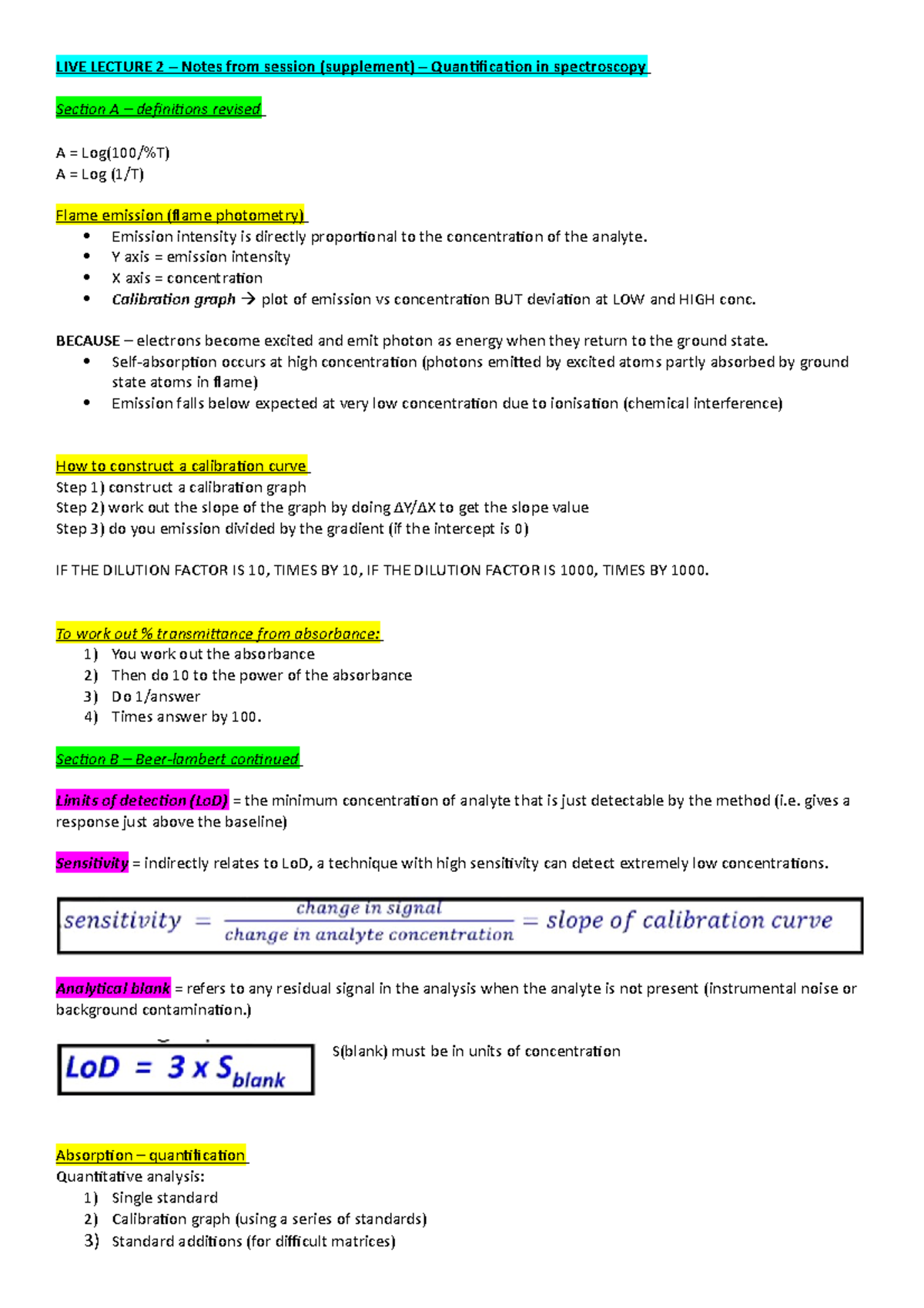 Lecture 2 - Quantification in spectroscopy - LIVE LECTURE 2 – Notes ...
