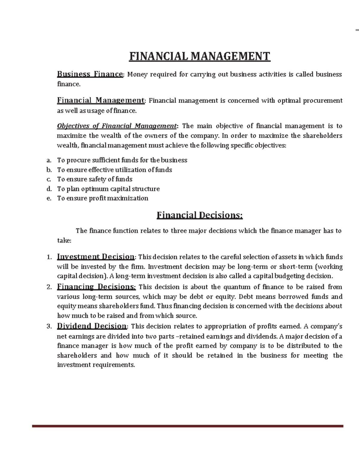Financial Management lecture note - CHAPTER NINE FINANCIAL MANAGEMENT ...