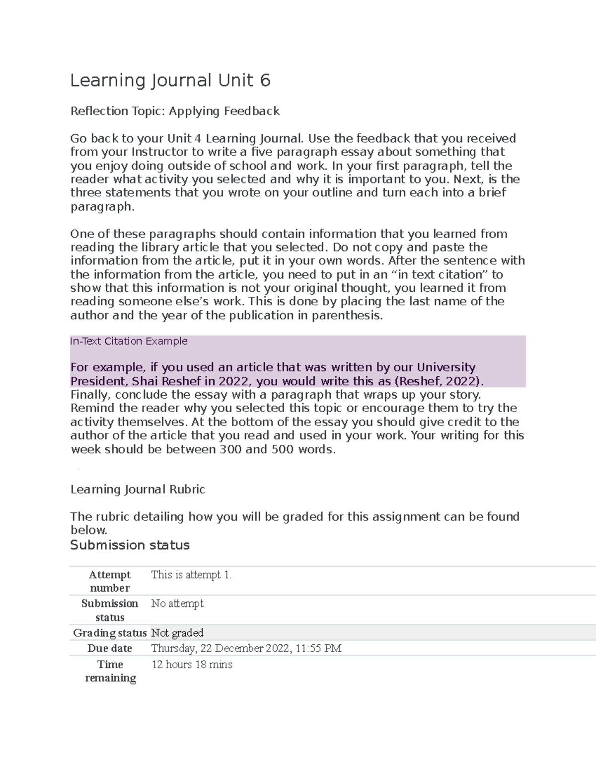 Learning journal 6 question - Learning Journal Unit 6 Reflection Topic: Applying Feedback Go ...