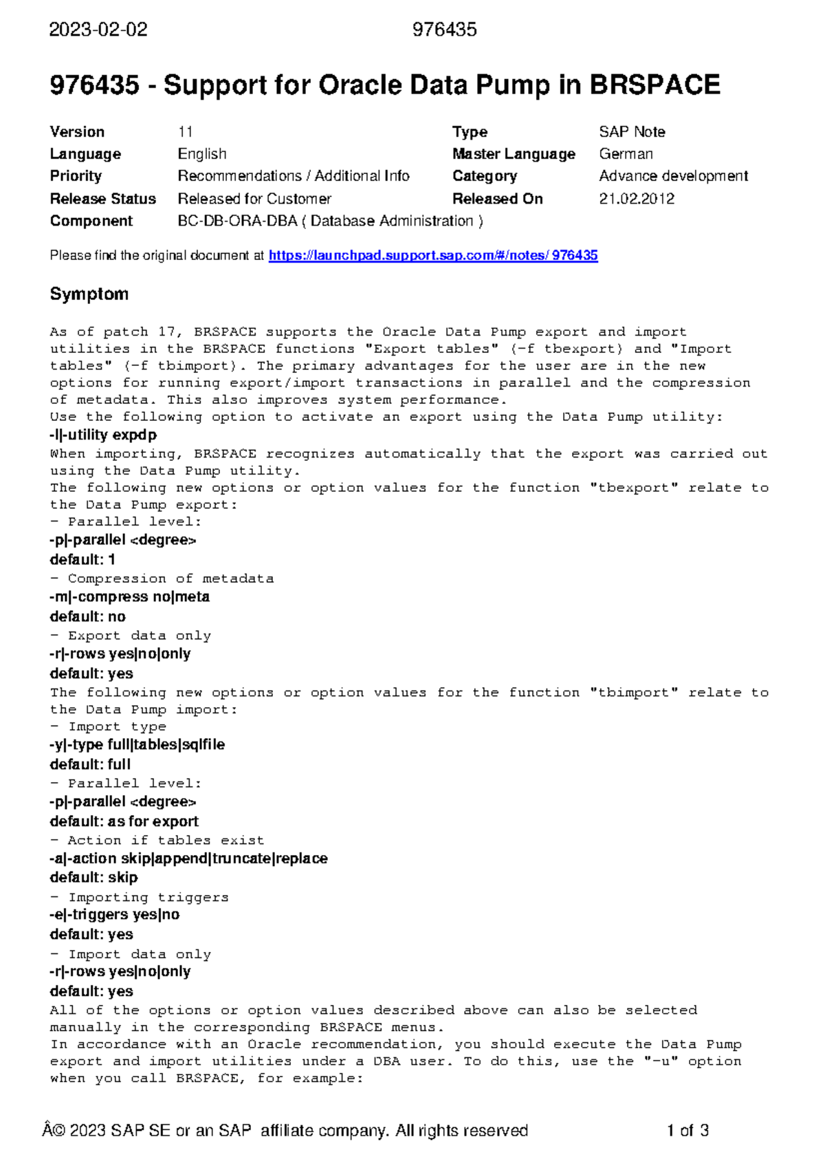 976435 E 20230202 Support for Oracle Data Pump in Brspace - 976435 ...