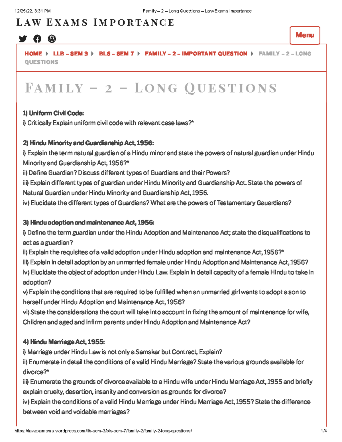 Family – 2 – Long Questions – Law Exams Importance - Fa m i l y – 2 – L ...