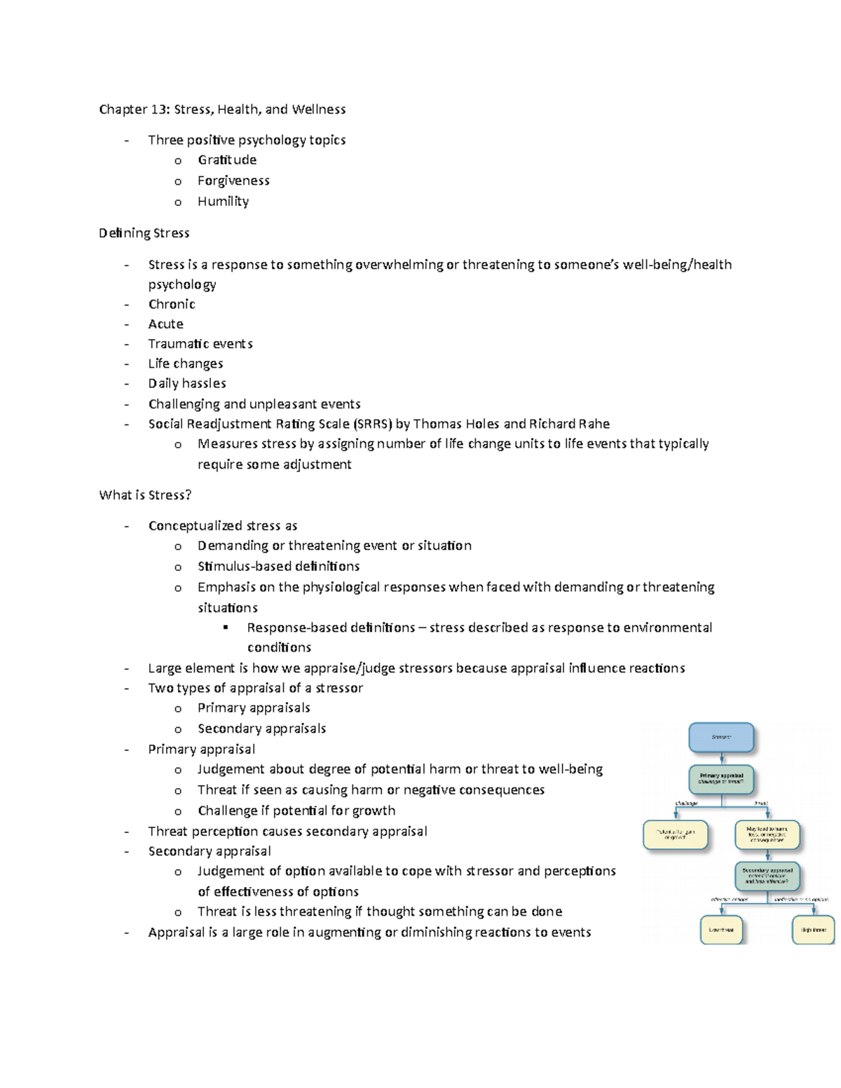 Chapter 13 Notes - Chapter 13: Stress, Health, and Wellness Three ...