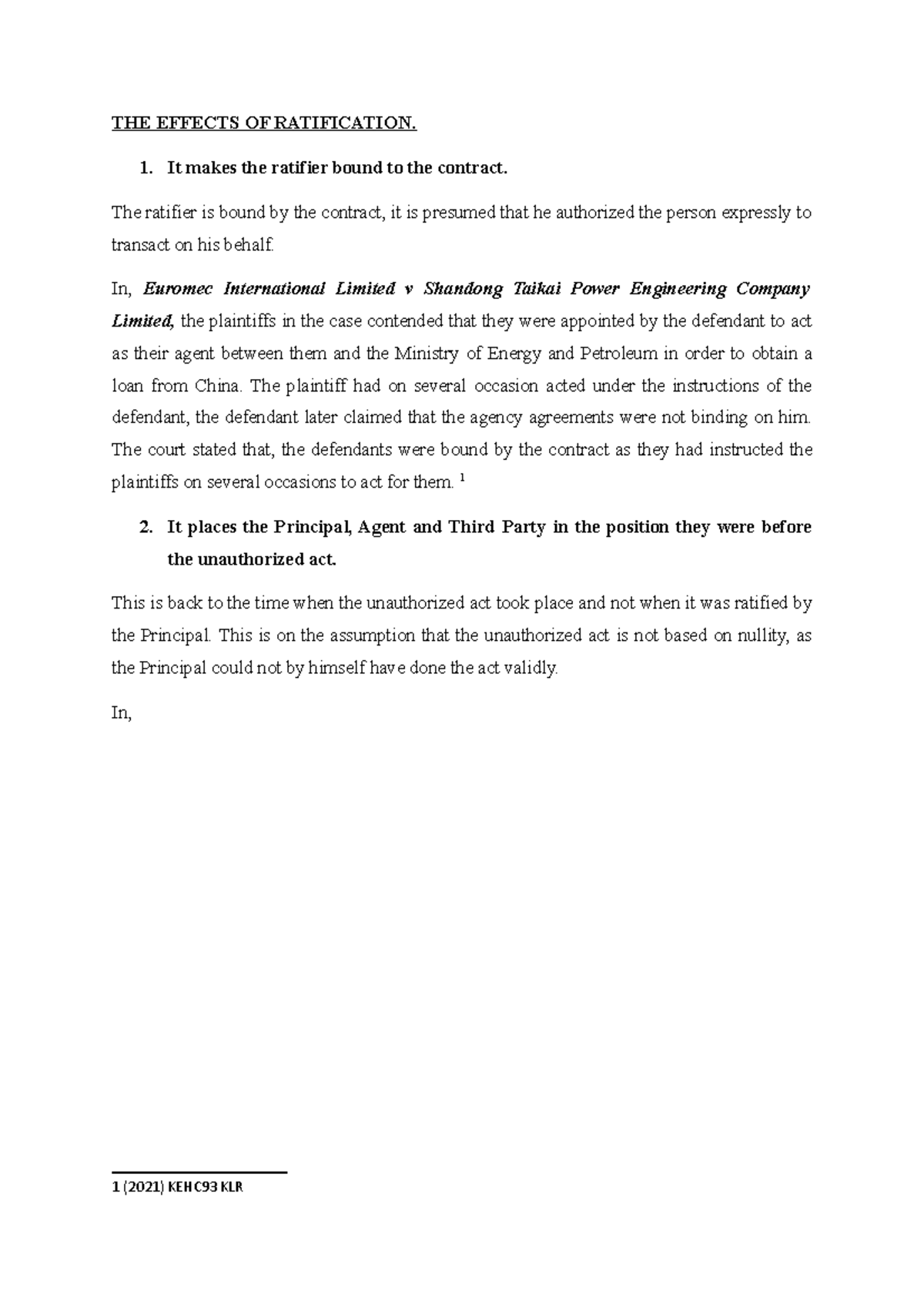 Commercial LAW CAT - Law notes - THE EFFECTS OF RATIFICATION. It makes ...
