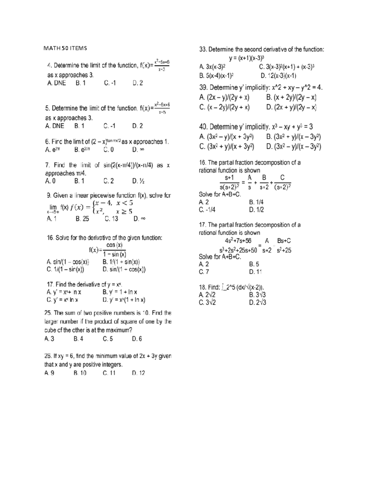 MATH50 1 - Mathematics - MATH 50 ITEMS - Studocu