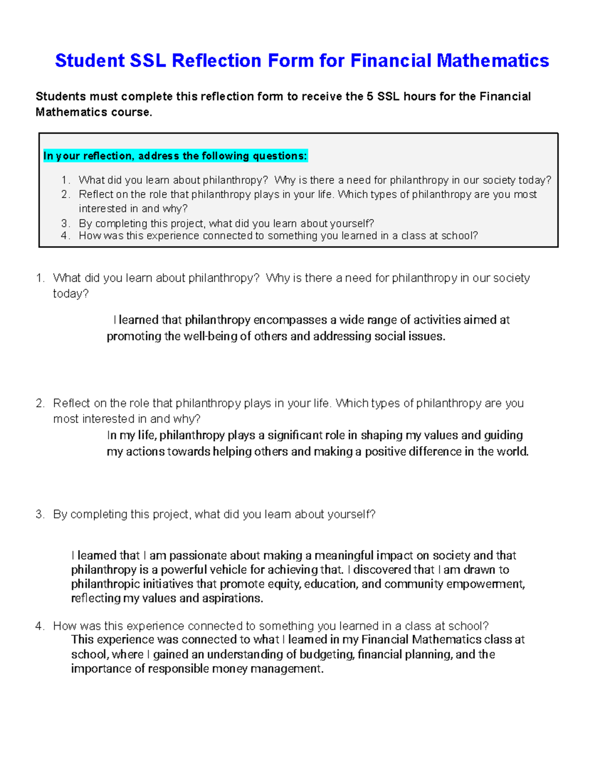 Copy of SSL Reflection Form - Student SSL Reflection Form for Financial ...