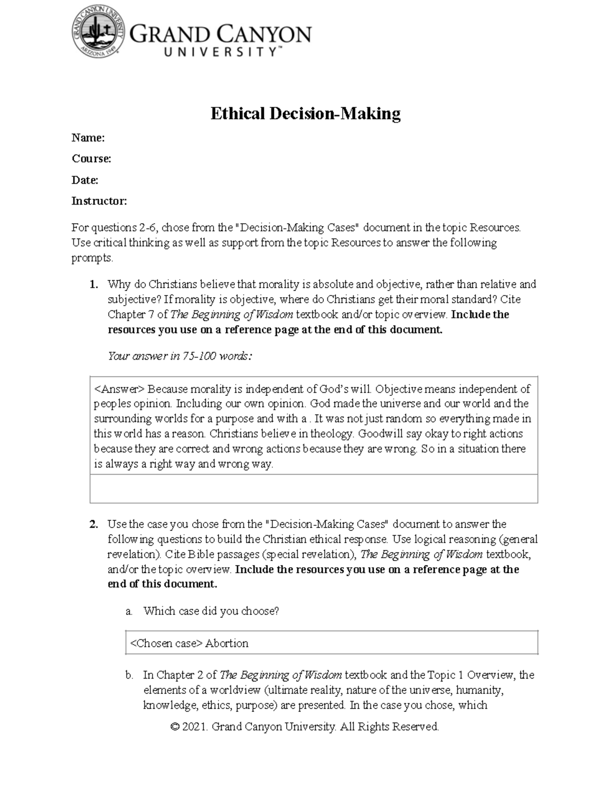 Malik Christian Worldview and lecture notes - Ethical Decision-Making ...