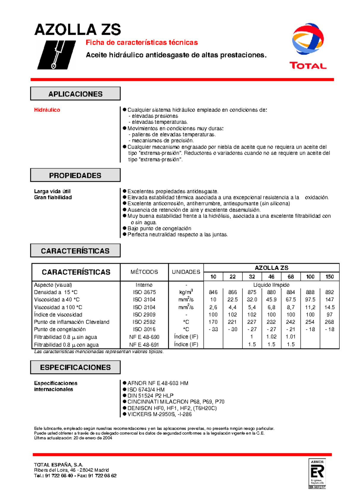 Total 68 - ikl,ñ{m jjk - AZOLLA ZS Ficha de características técnicas Aceite hidráulico ...