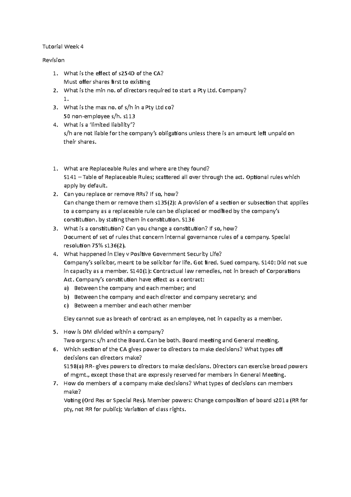 Claw tute week 4 - full guided answers - Tutorial Week 4 Revision What is the effect of s254D of ...