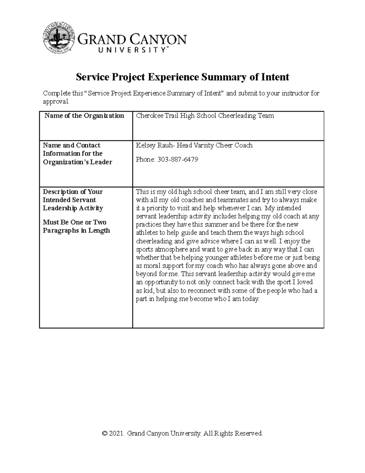 Service Project Experience Summary of Intent- Mahogany Richardson ...