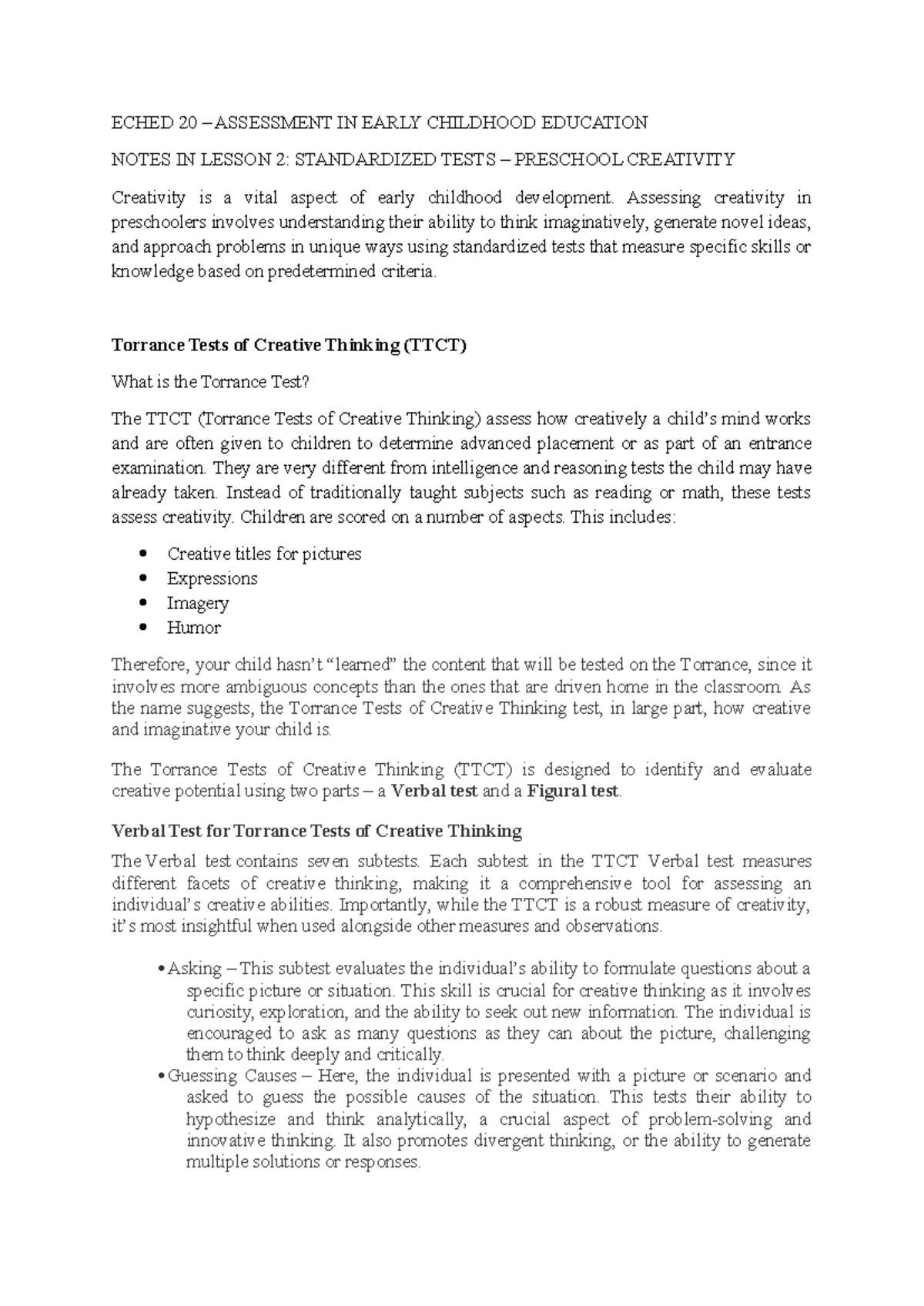 Standardized Test-Preschool Creativity - ECHED 20 – ASSESSMENT IN EARLY ...