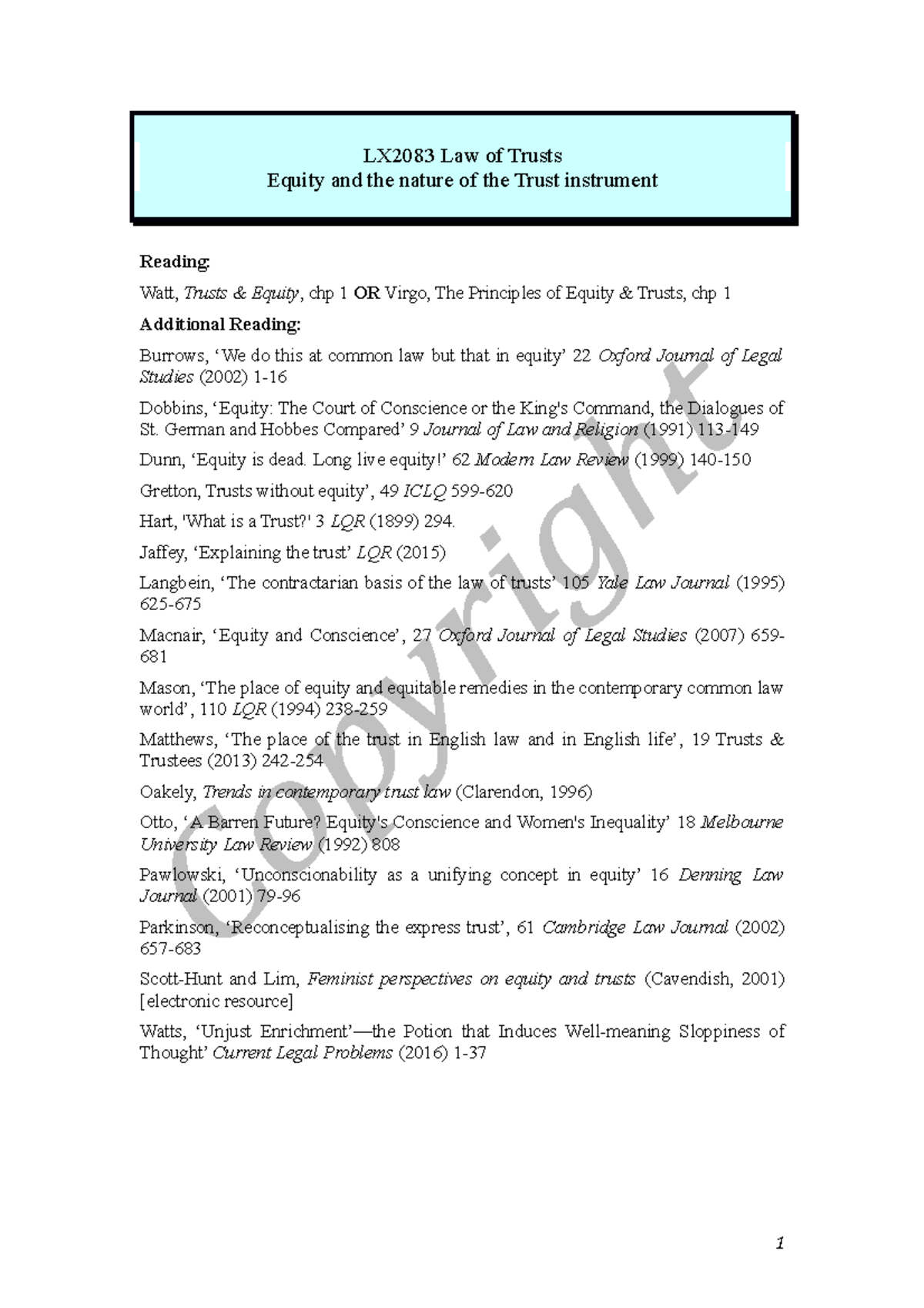 Equity & trust instrument trusts law - LX2083 Law of Trusts Equity and ...