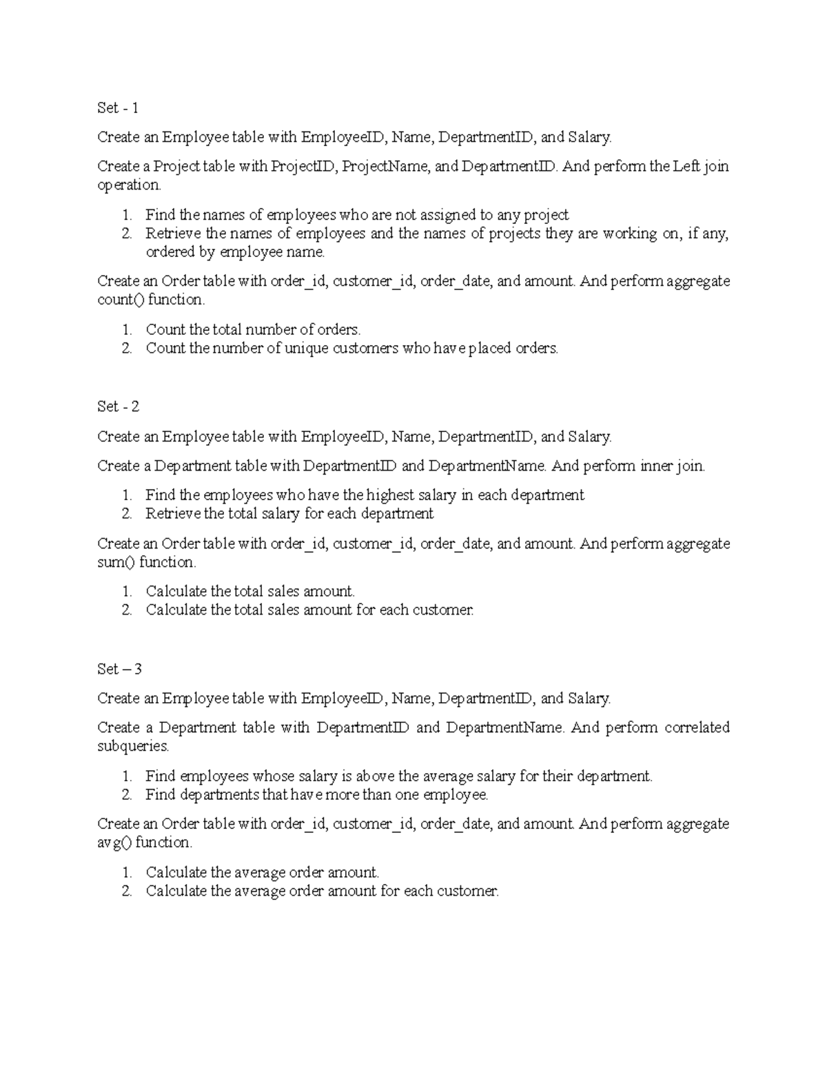 Dbms Internal 2 This Is A Good Material For Practicing Sql Set 1 Create An Employee
