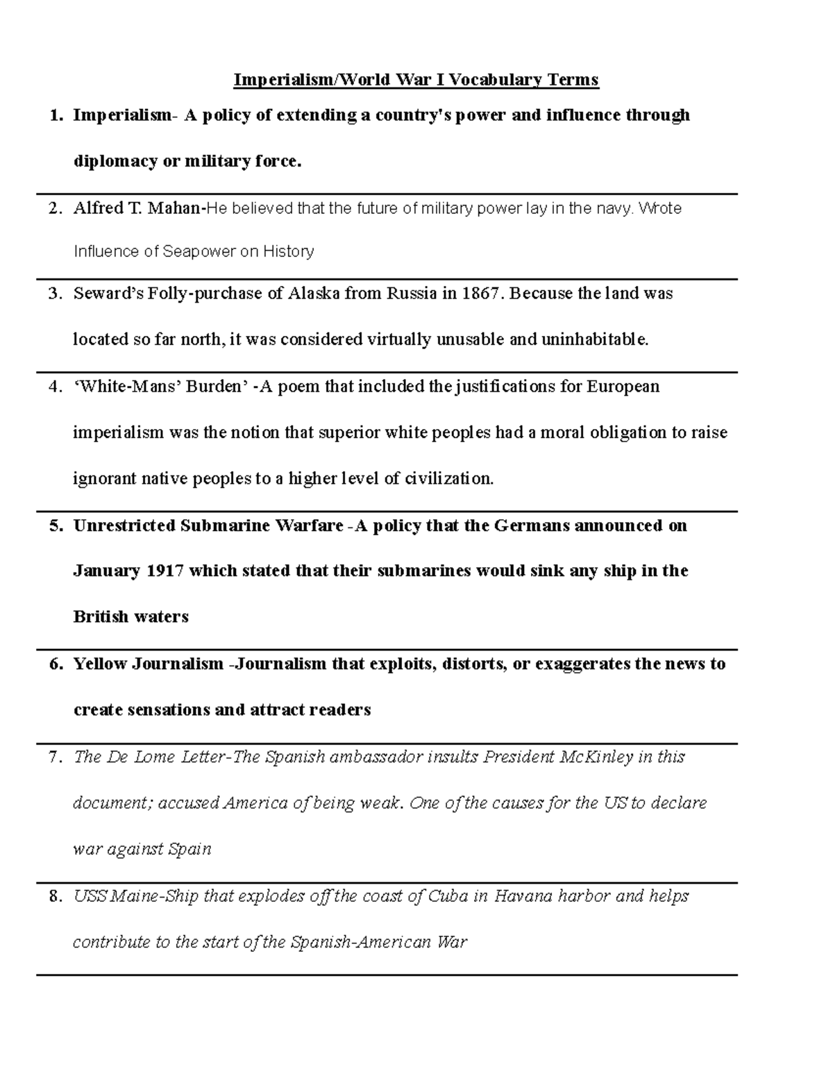 Daniela Galeas Diaz - Imperialism World War I Vocabulary Terms ...