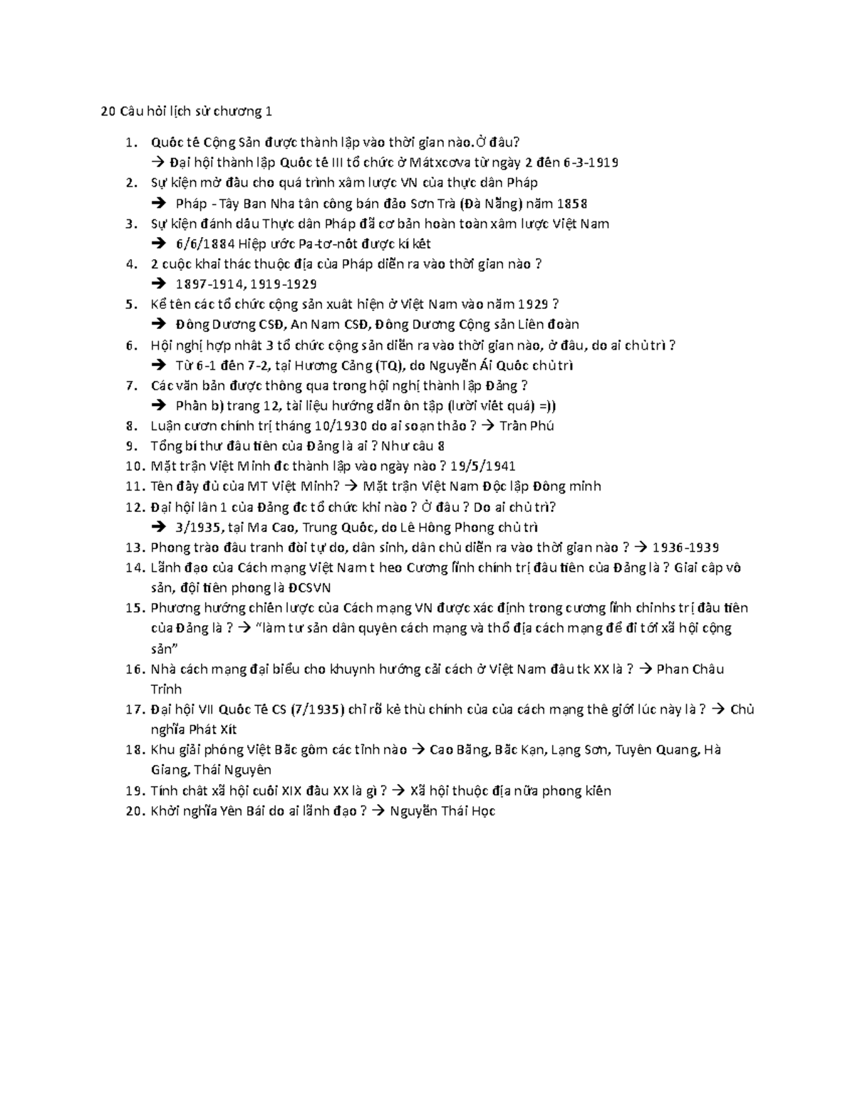 20 Câu hỏi lịch sử chương 1 - 20 Câu h i l ch sỏ ị ử ch ương 1 Quốốc tếố C ng S n độ ả ược thành ...