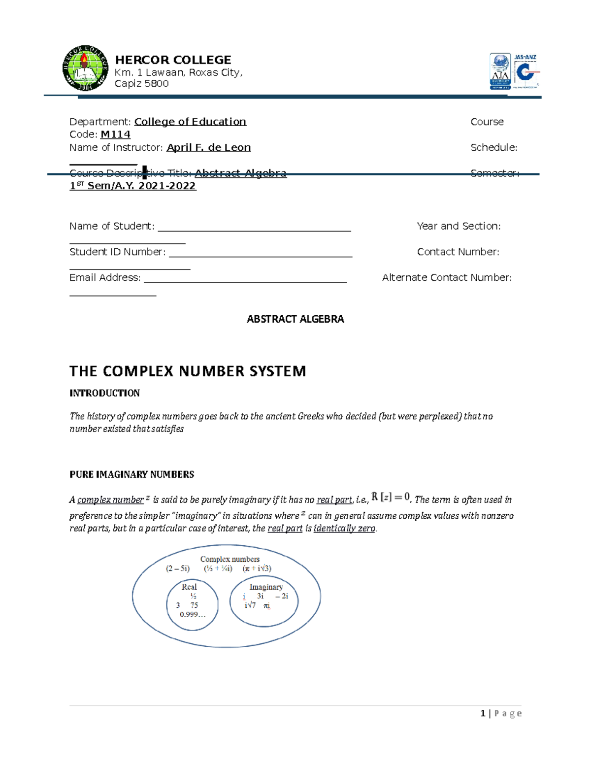 AA Complex-Numbers - Seven - Department: College of Education Course ...