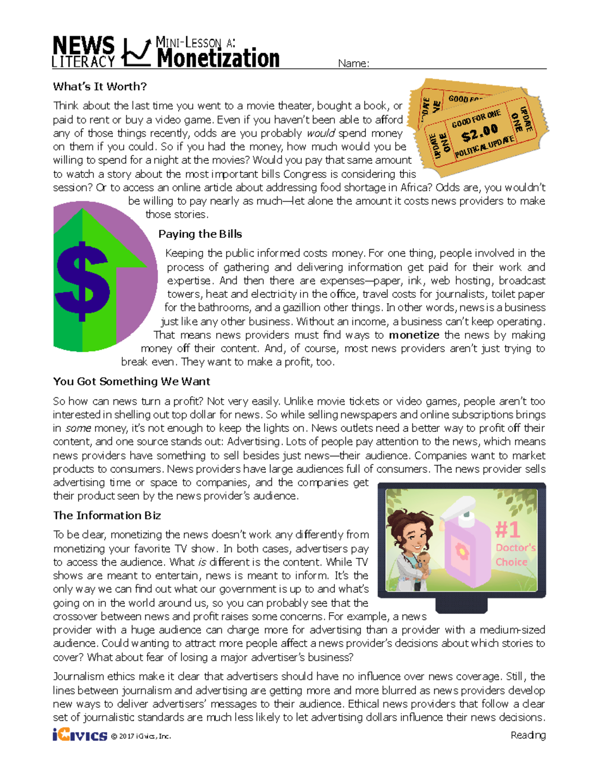 Monetization Student Docs - © 2017 iCivics, Inc. Reading Name: What’s It Worth? Think about the ...