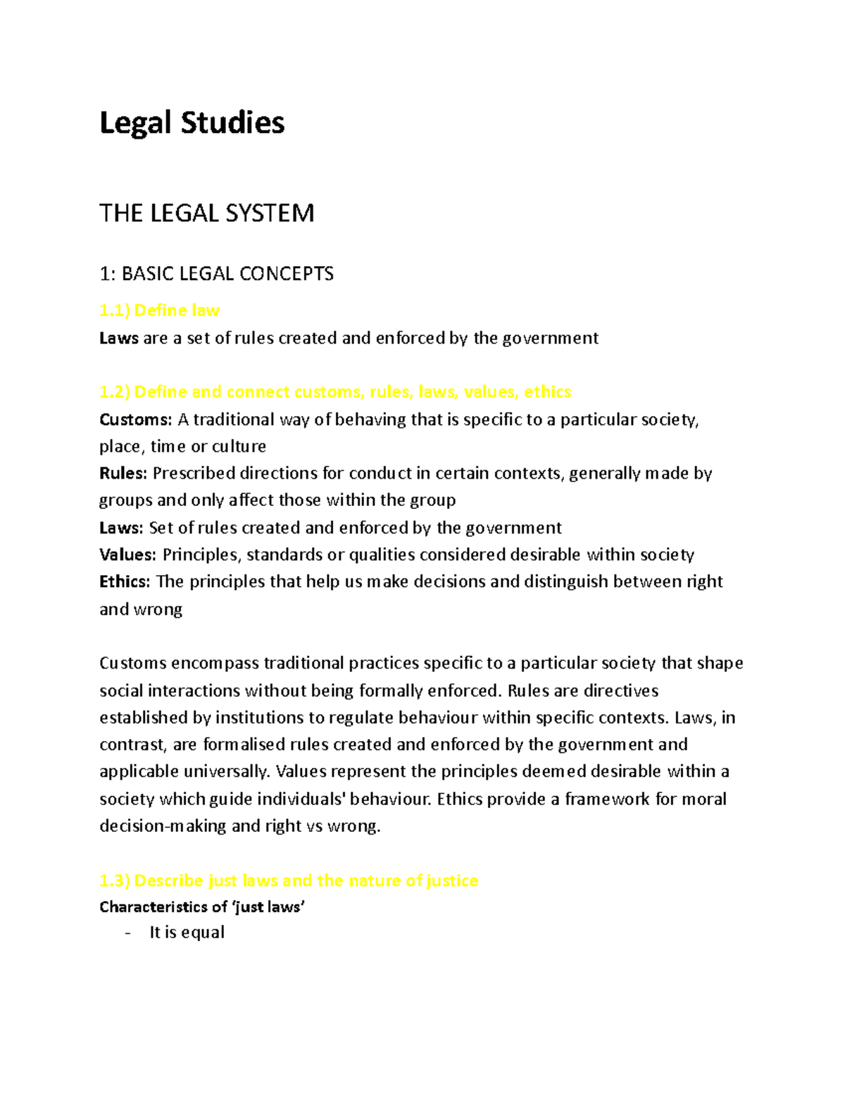 Legal Studies Notes - Legal Studies THE LEGAL SYSTEM 1: BASIC LEGAL ...
