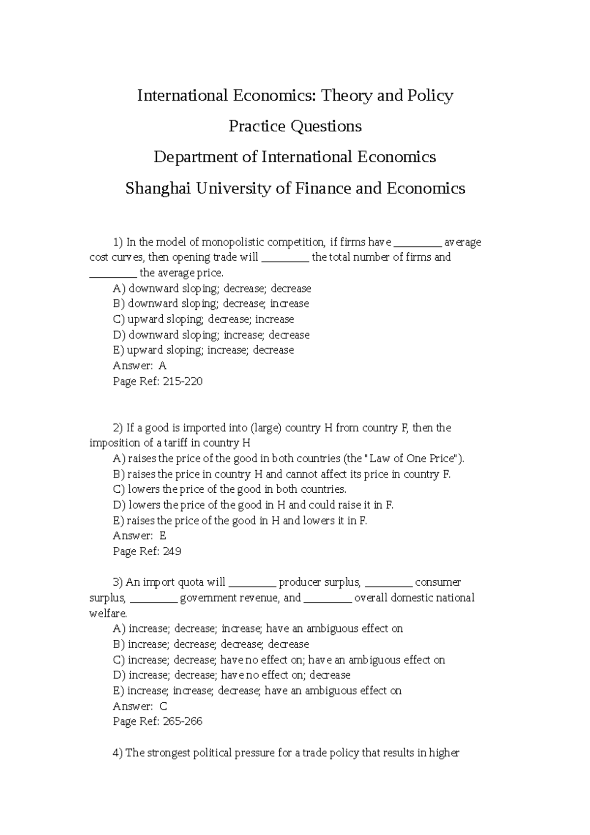 multiple choice - International Economics: Theory and Policy Practice ...