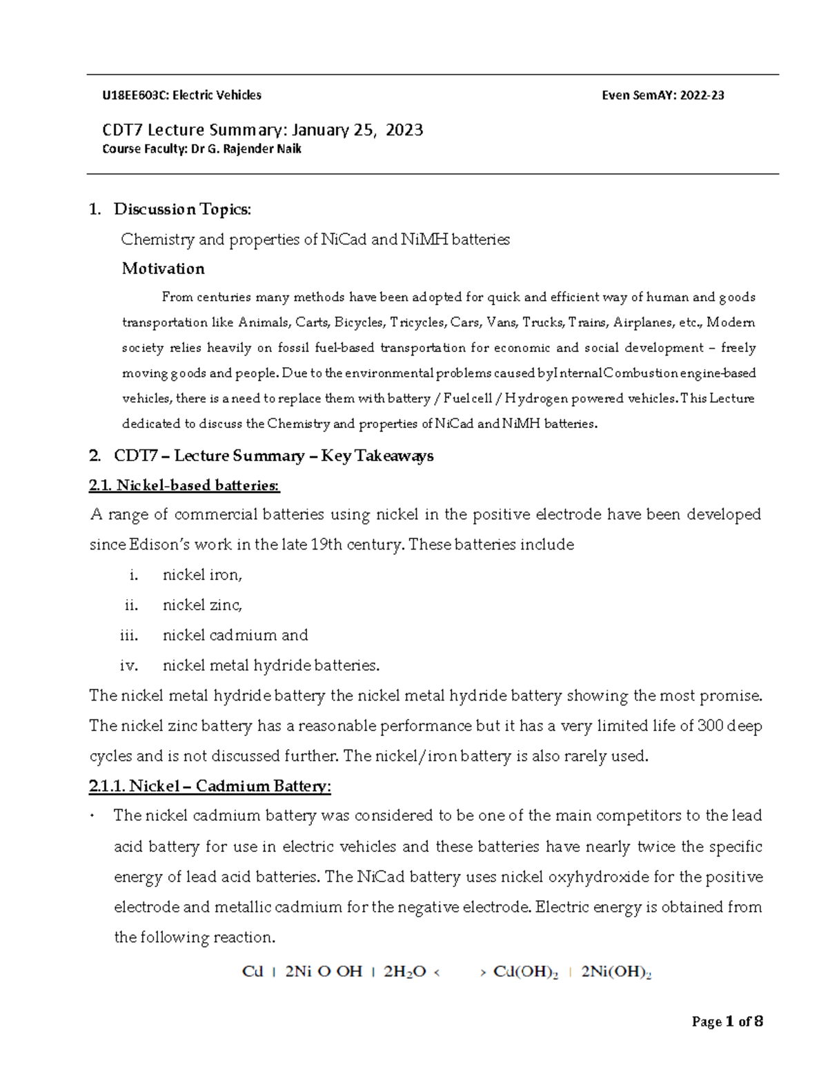 EV CDT7 summary - Important topic in ELECTRIC VEHICLES - U18EE603C ...