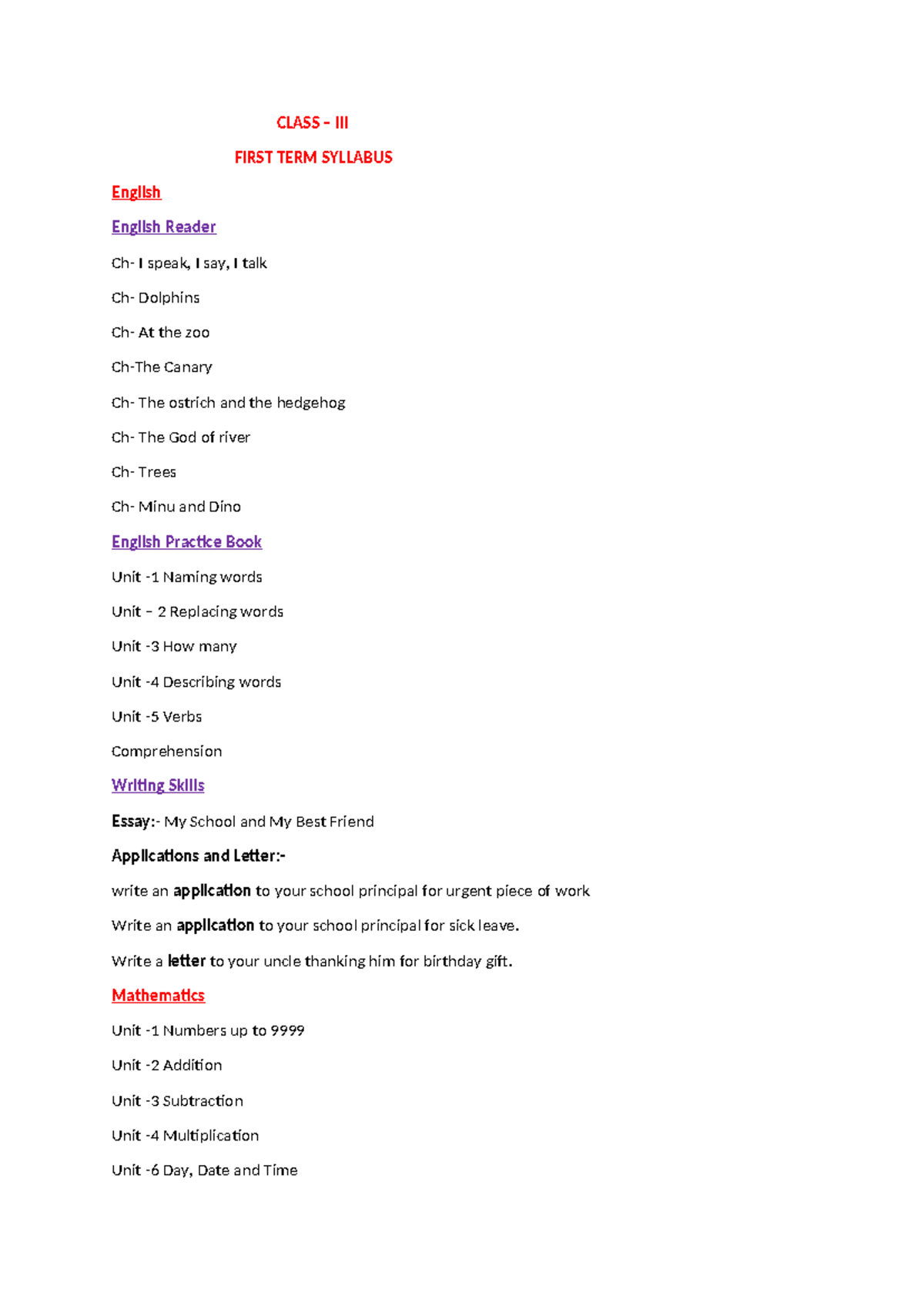 First term syllabus of class III - CLASS – III FIRST TERM SYLLABUS ...