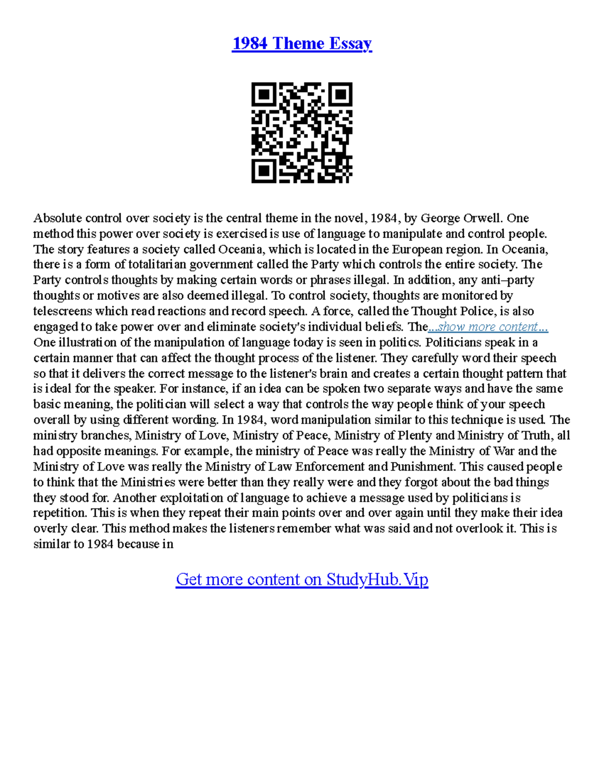 1984 Essay 1984 Essay - 1984 Theme Essay Absolute control over society ...
