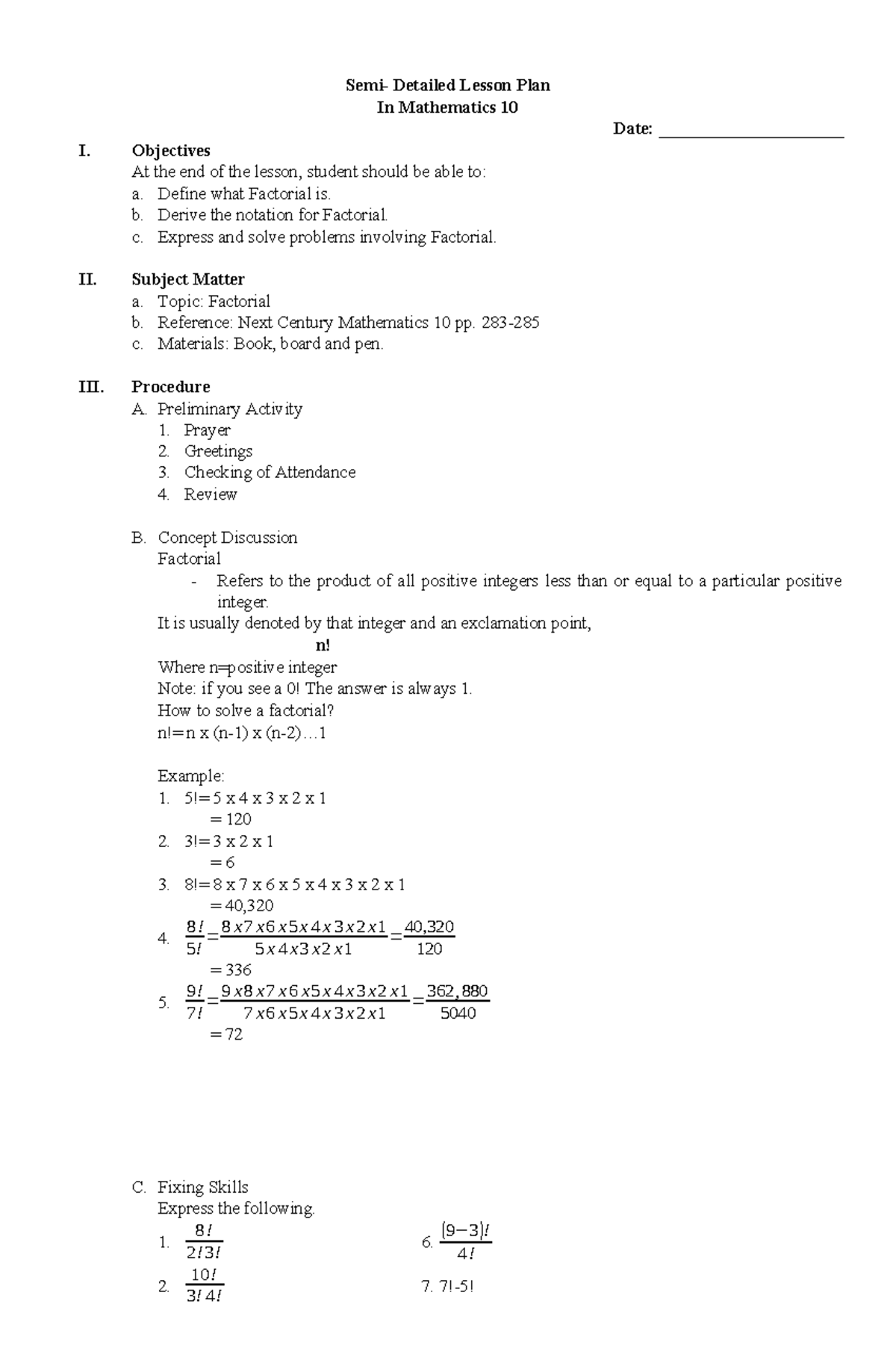 Lesson plan in mathematics - Semi- Detailed Lesson Plan In Mathematics ...