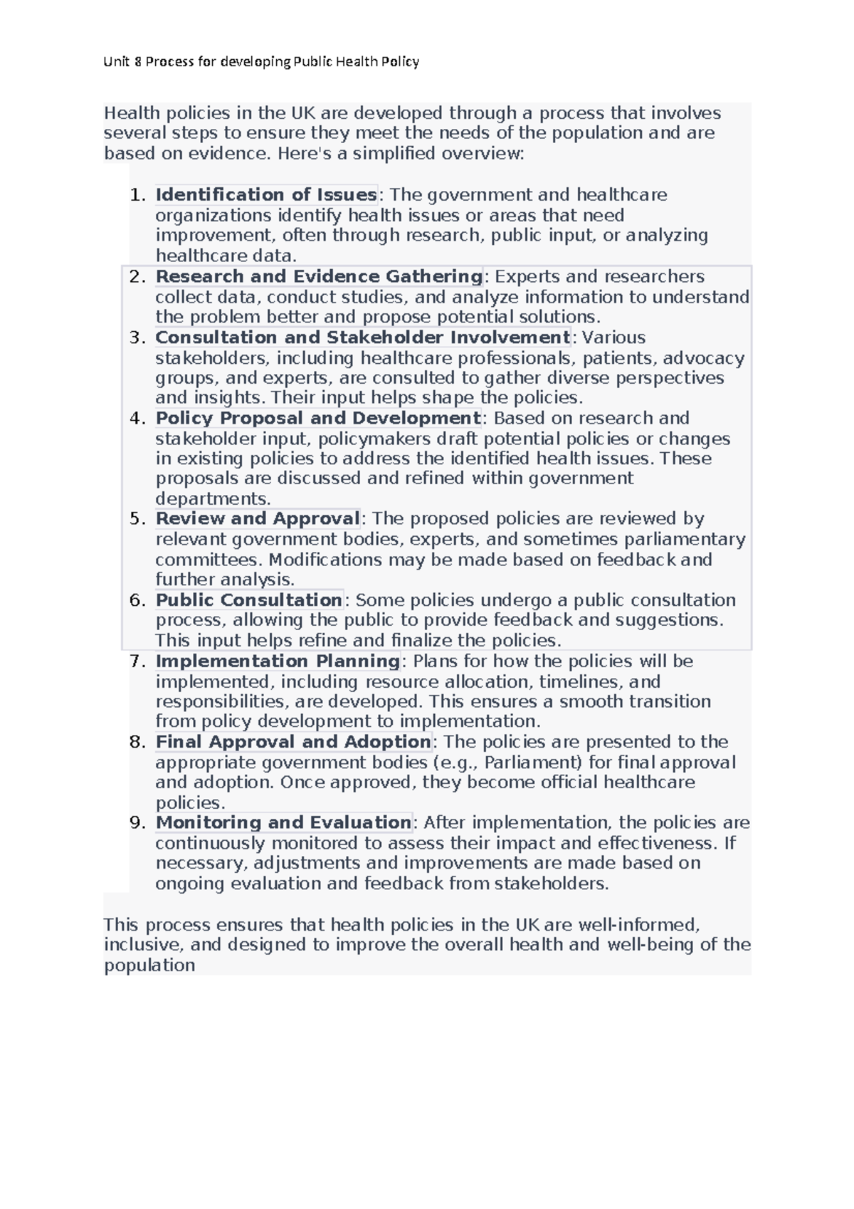 Developing public health policy - Unit 8 Process for developing Public ...