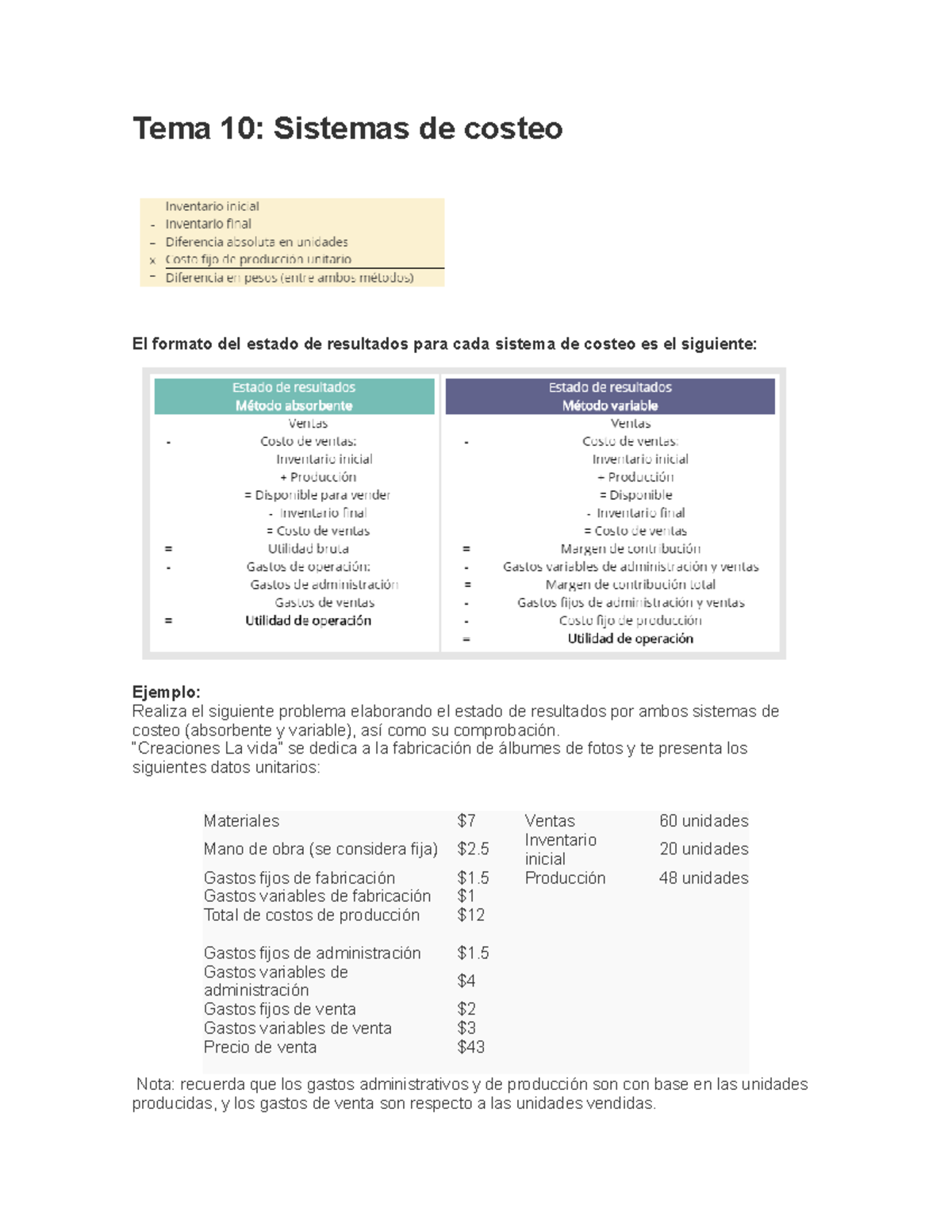 Ejercicios TEMA 10 - Tema 10: Sistemas de costeo El formato del estado ...