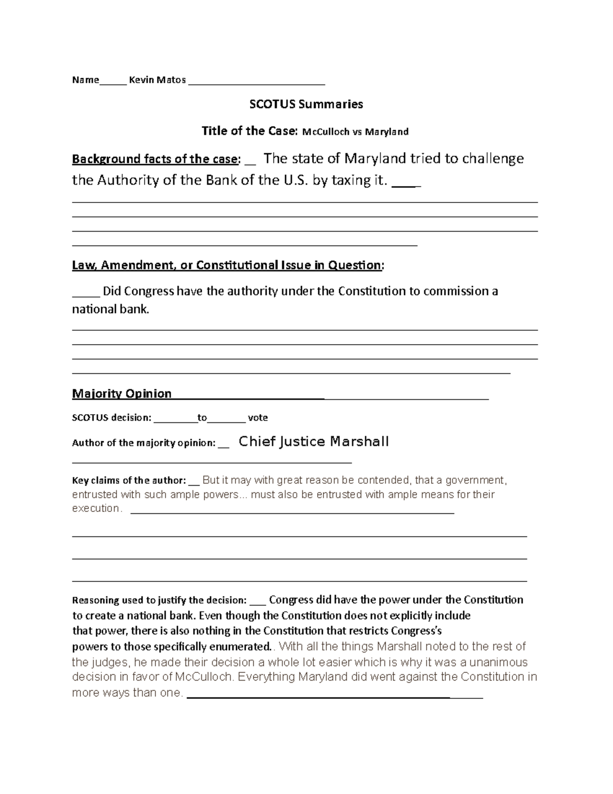 Scotus Summary Worksheet Mc Colluchv MD - Name_____ Kevin Matos