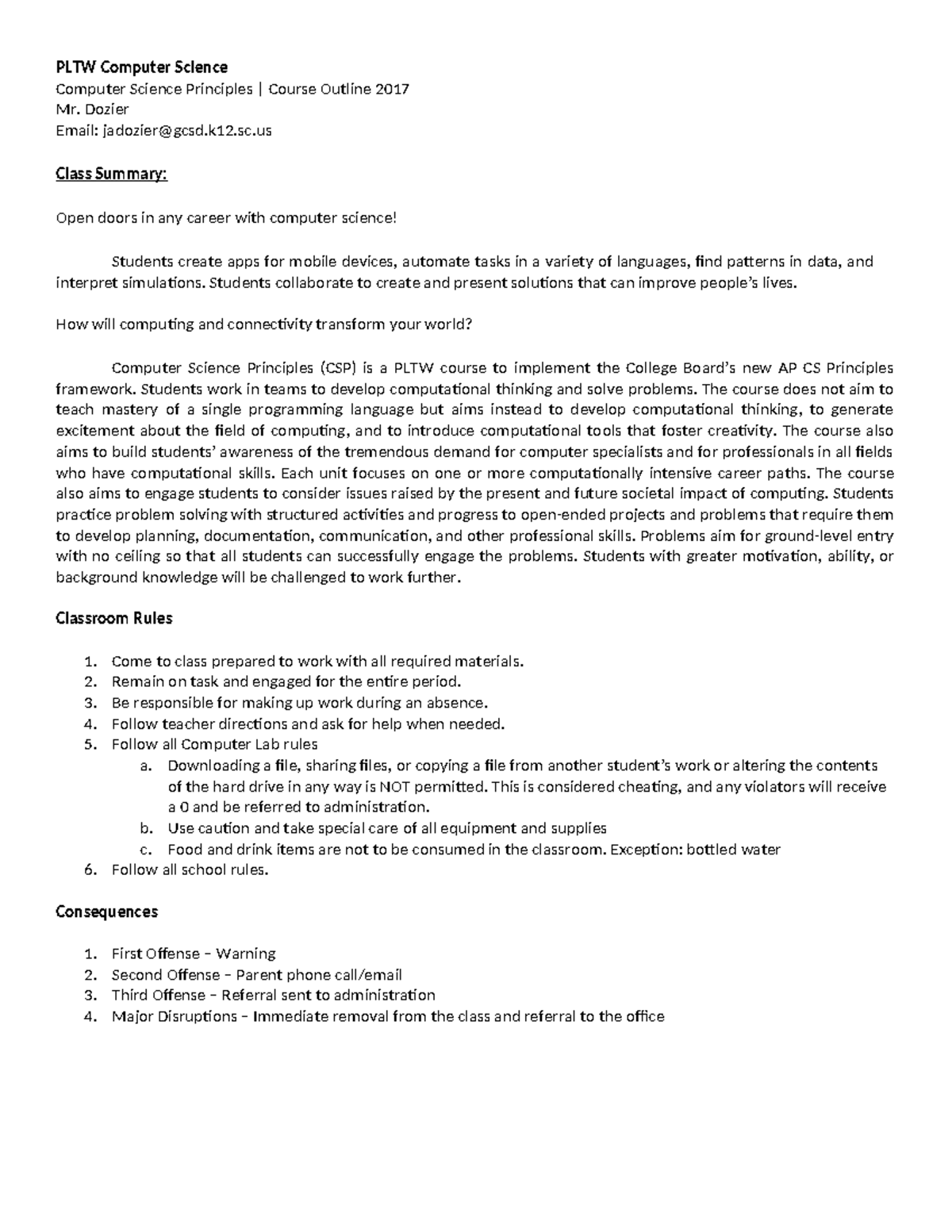 PLTW Computer Science Principles Syl - PLTW Computer Science Computer ...