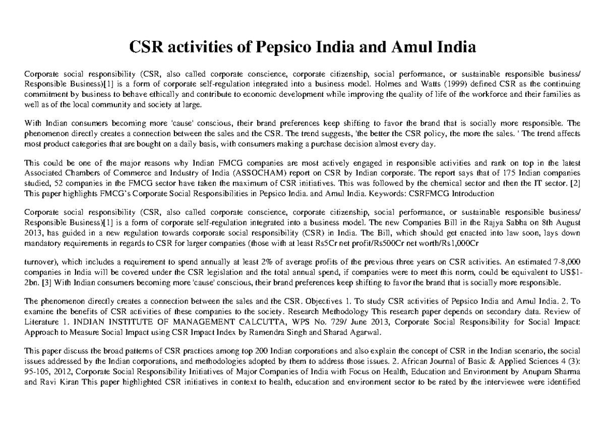 CSR activities of Pepsico India and Amul India - Holmes and Watts (1999 ...