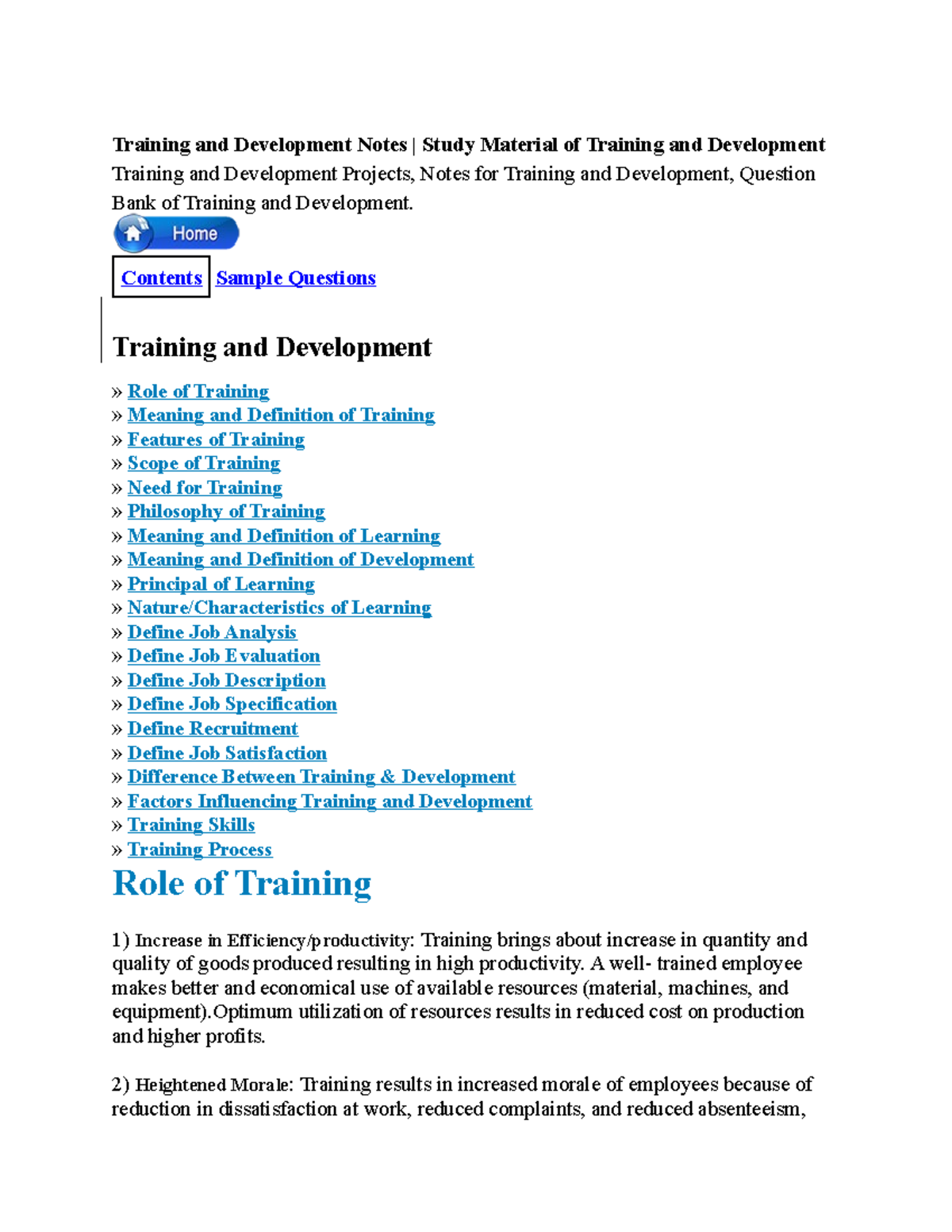 Training and Development Notes - Contents Sample Questions Training and ...