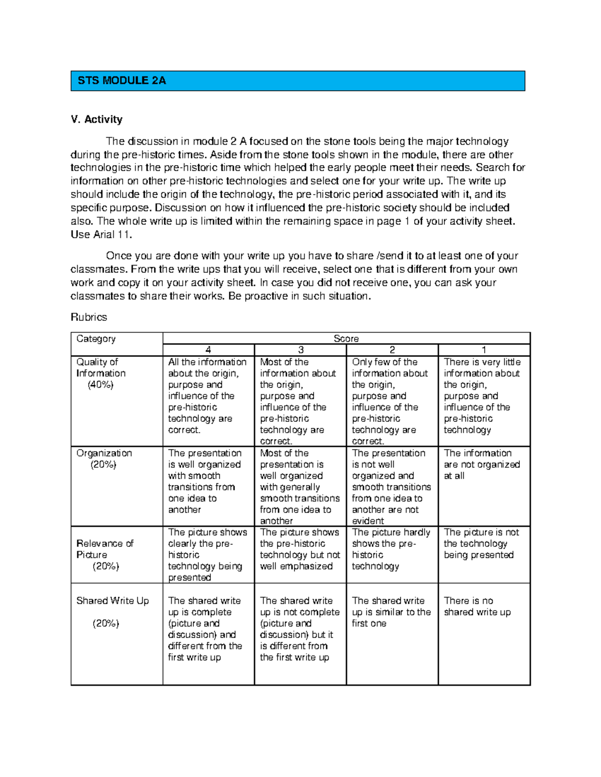 STS Module 2A Prehistoric Time ( Activity) - STS Module 2A V. Activity ...
