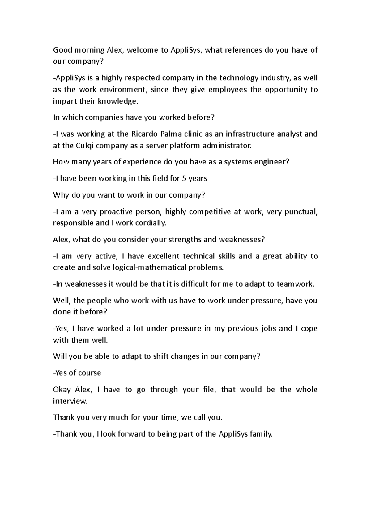 Trabajo Ingles semana 3 - Good morning Alex, welcome to AppliSys, what ...