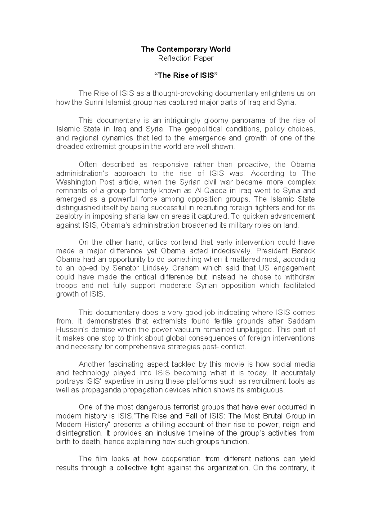 Contemporary refletion paper final na thisssss - The Contemporary World ...