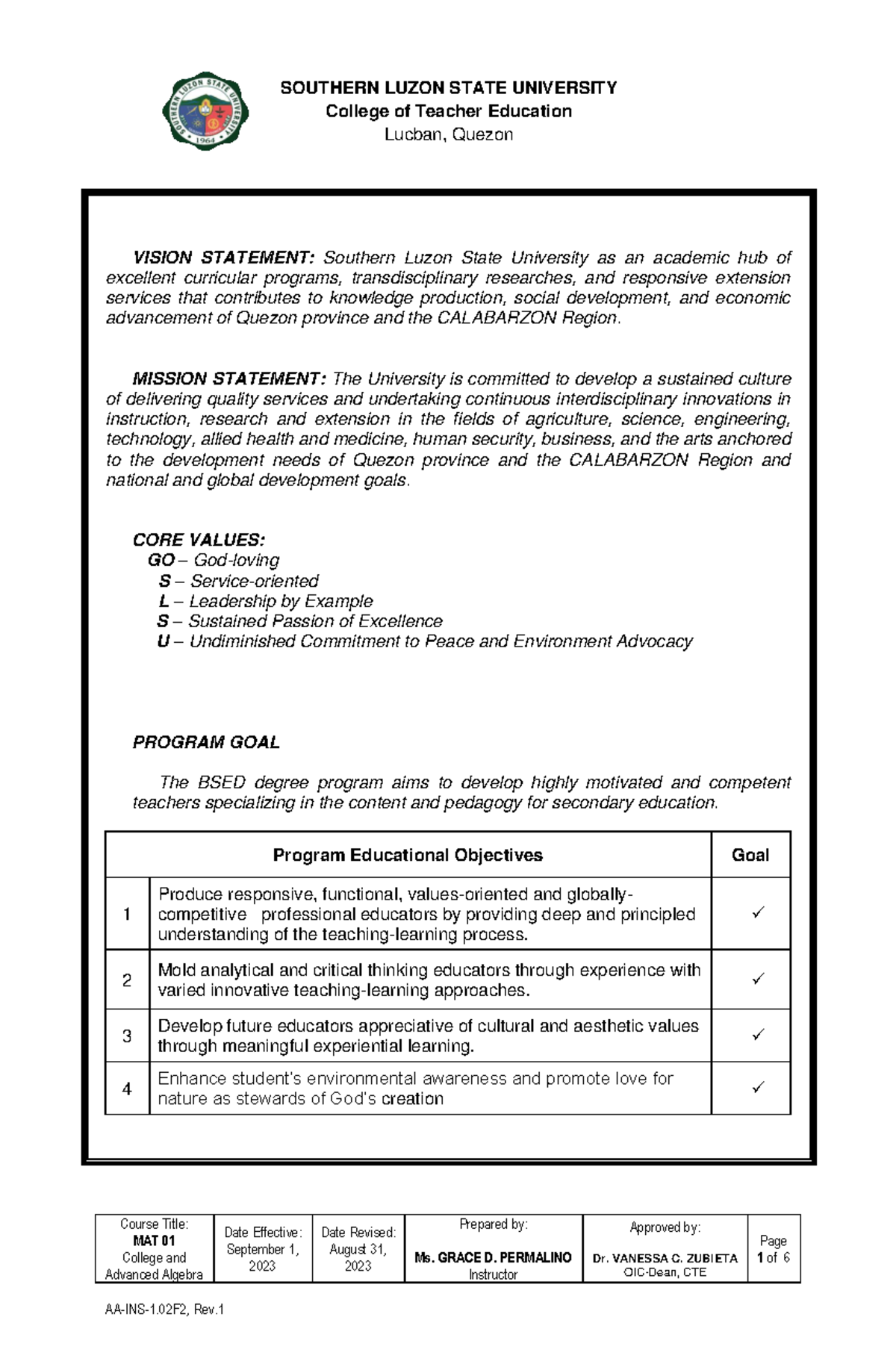 MAT01 Syllabus Permalino GD 23 - Course Title: MAT 01 College and Advanced Algebra Date ...