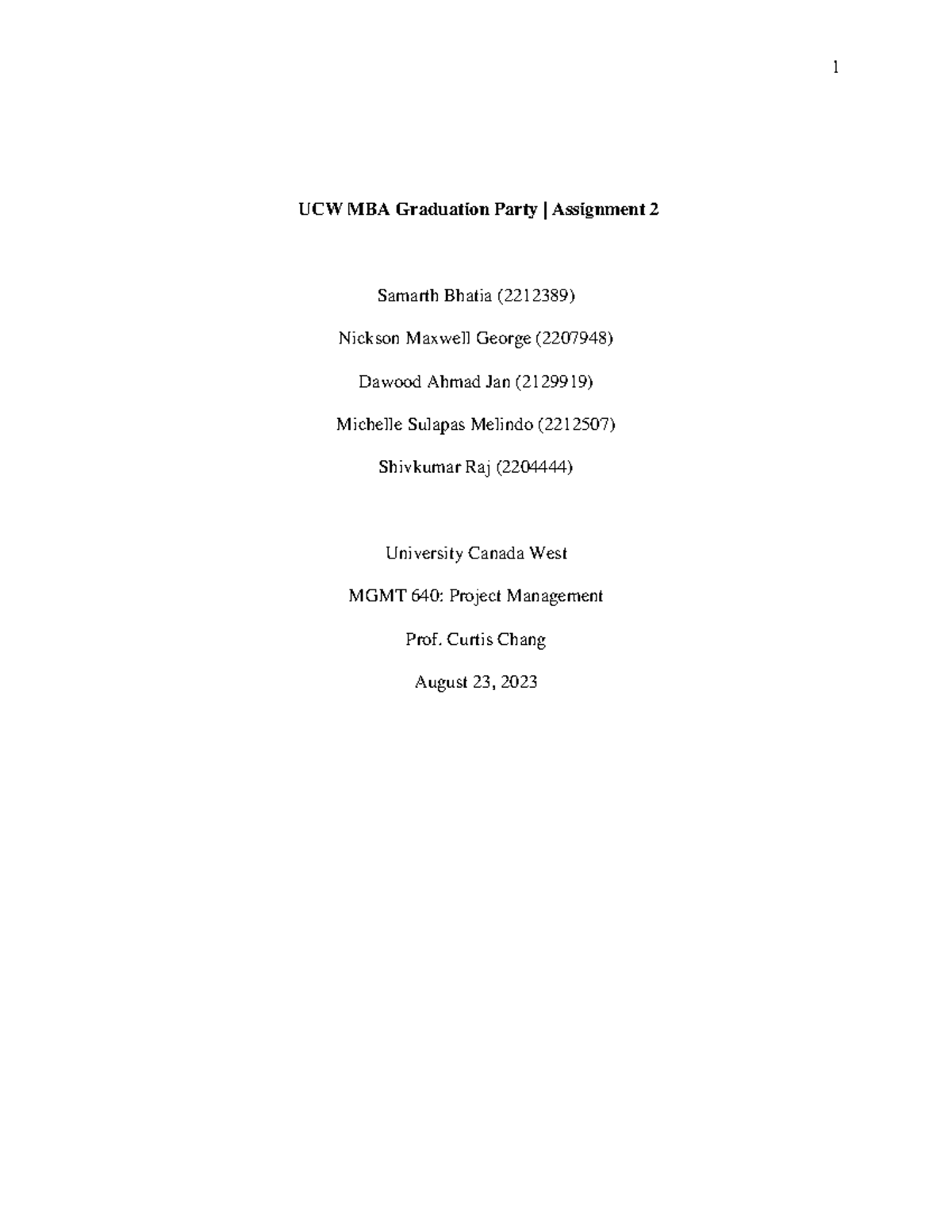 Projectmanagementgroupassignment 2 - UCW MBA Graduation Party ...
