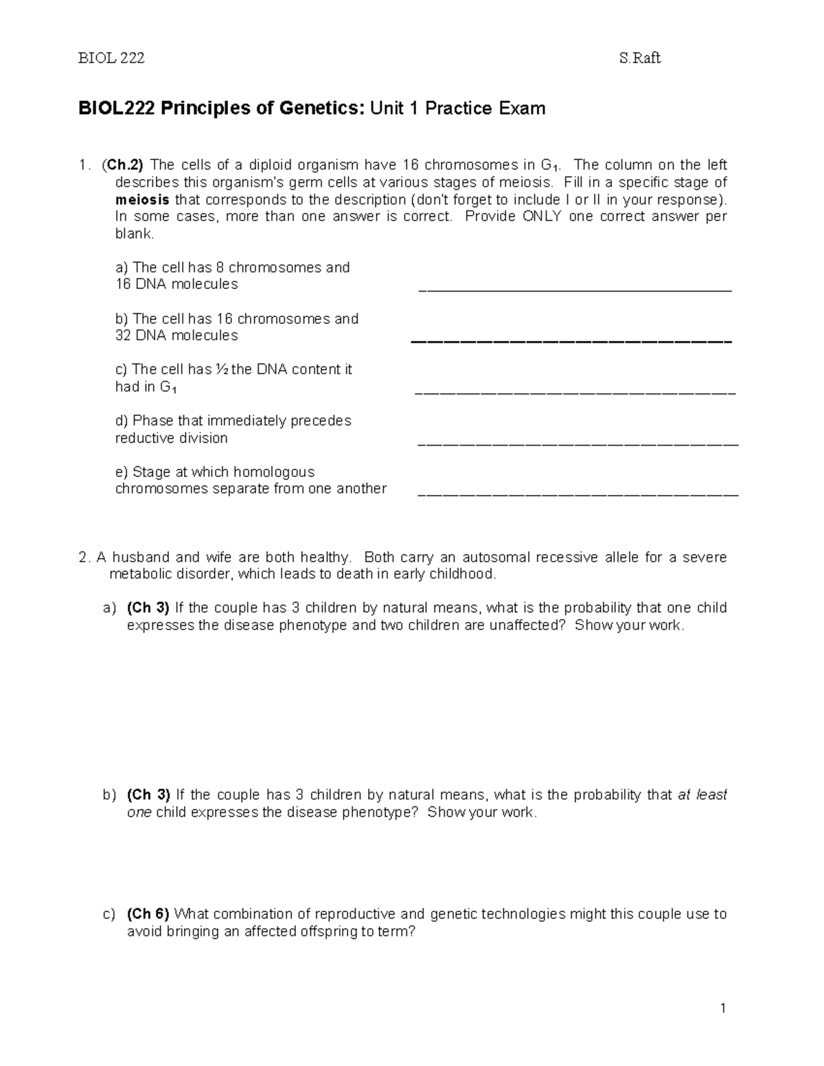 Practice Exam 1 - genetics - BIOL222 Principles of Genetics: Unit 1 ...