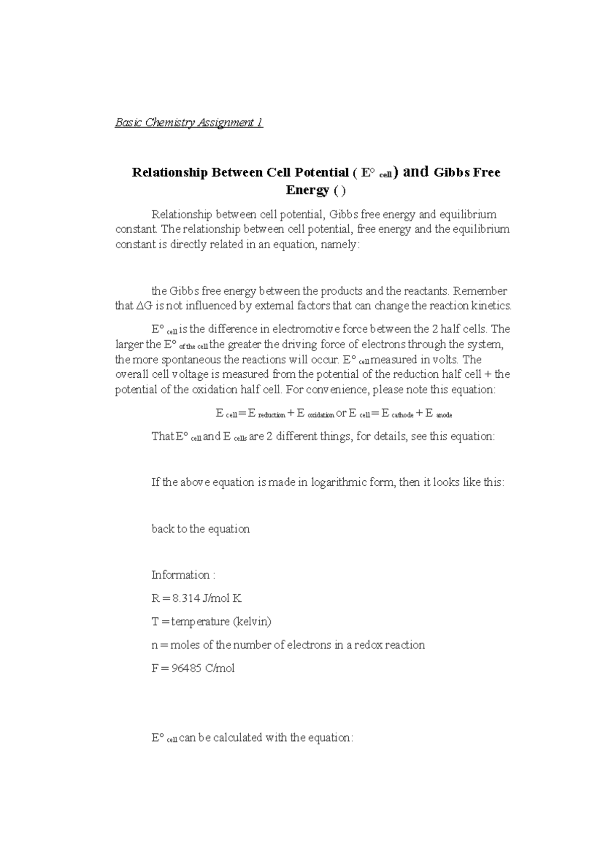 Moles of the number - Basic Chemistry Assignment 1 Relationship Between ...