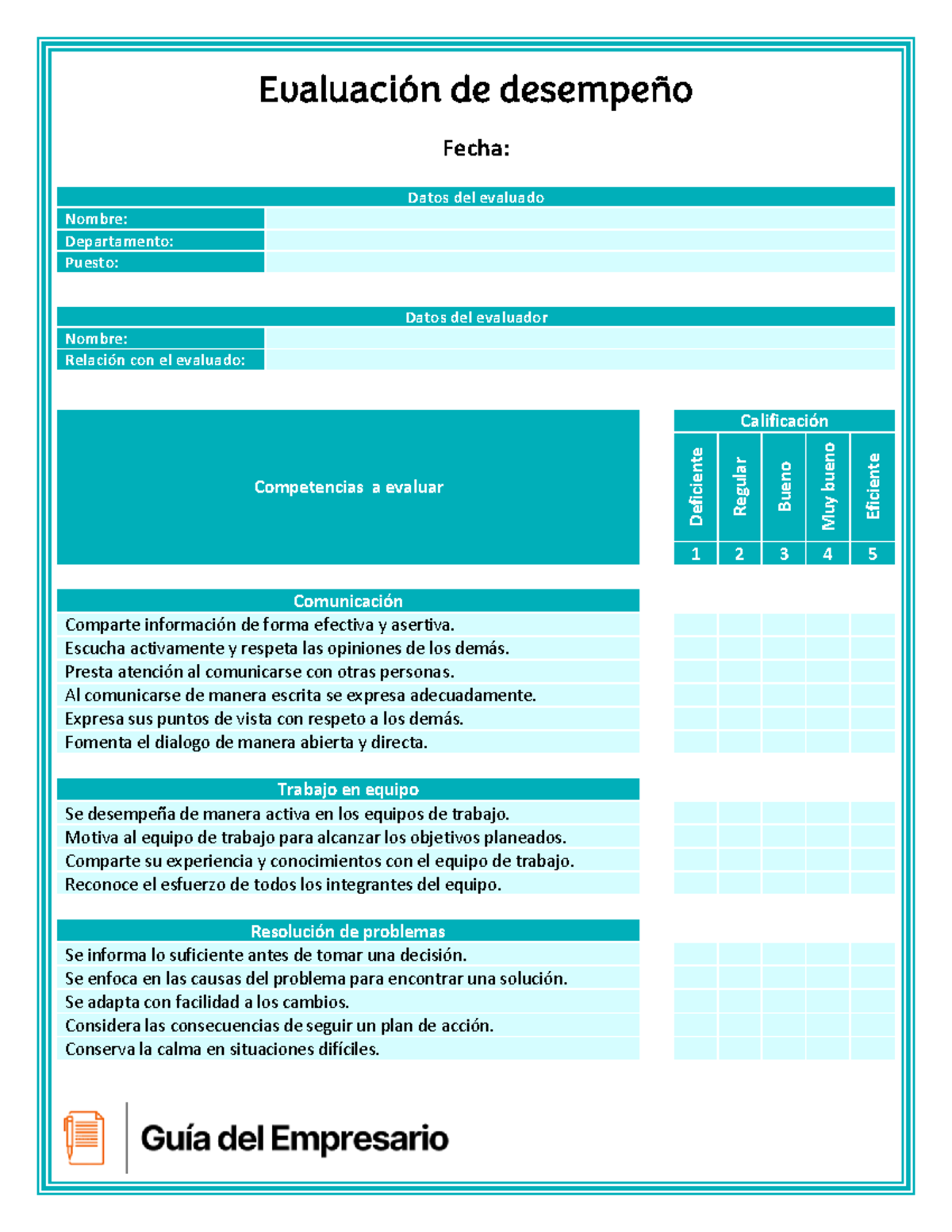 Formato de evaluacion de desempeno PDF - Evaluación de desempeño Fecha: Competencias a evaluar ...