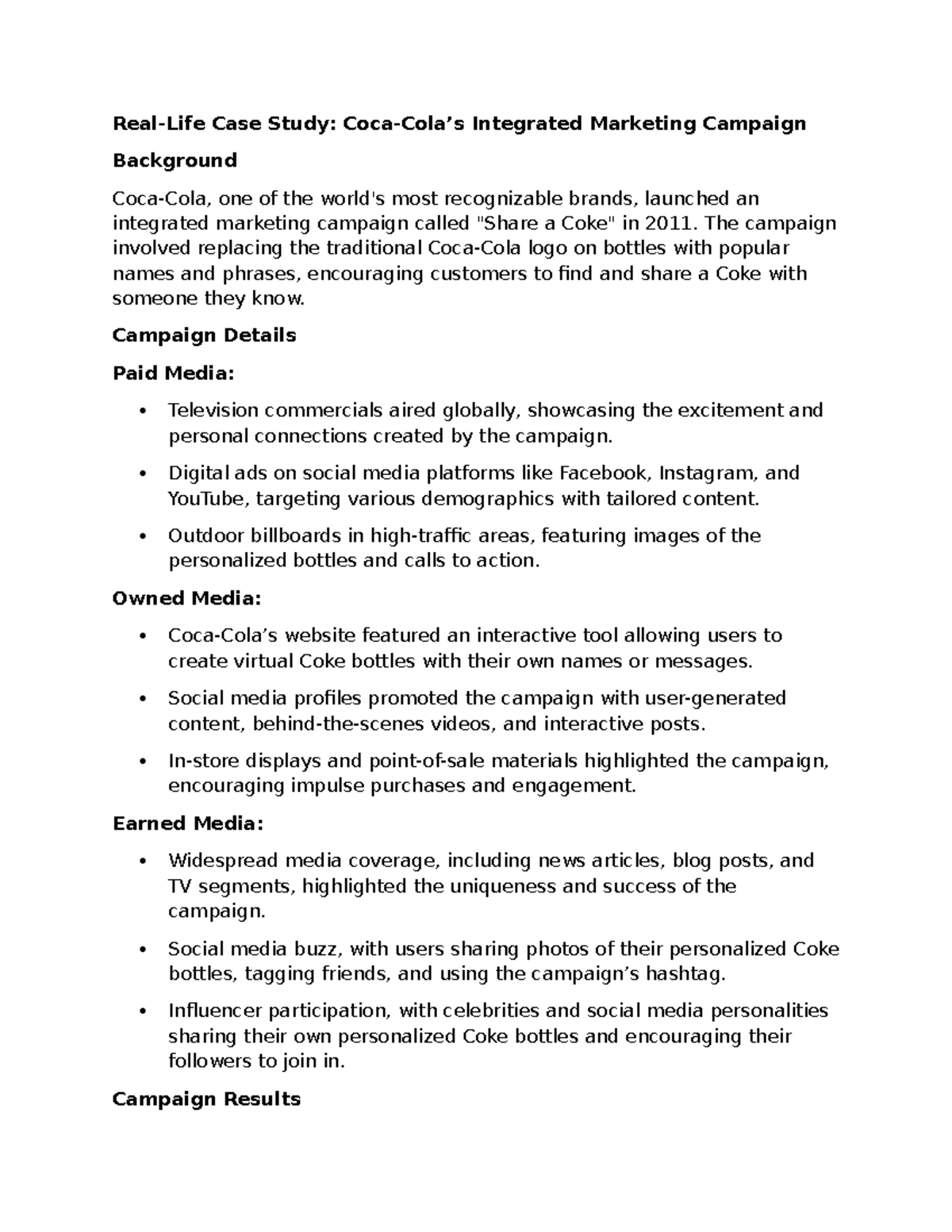 Paid-Owned-Earned Media Case Study - Real-Life Case Study: Coca-Cola’s Integrated Marketing ...