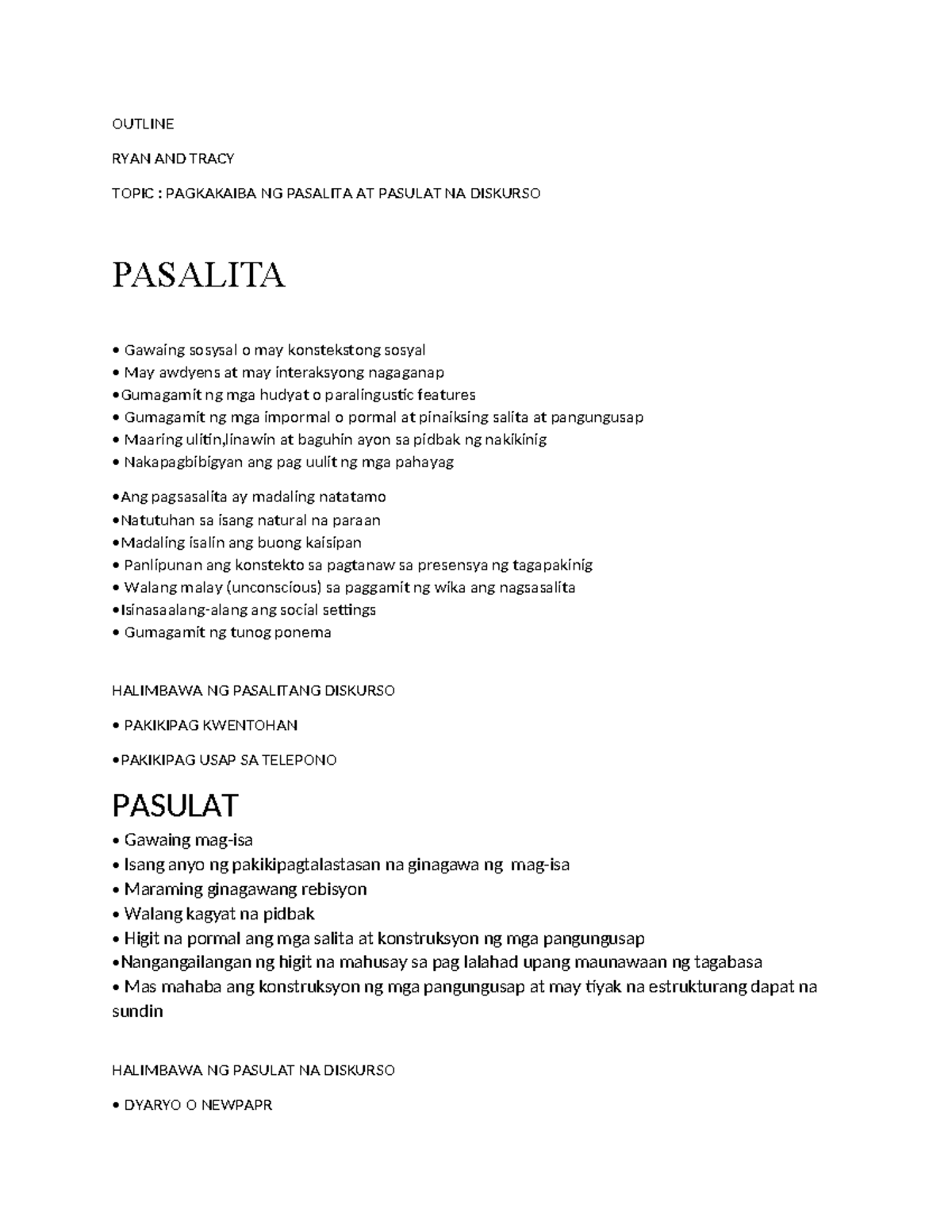 Outline Pagkakaiba NG Pasalita AT Pasulat NA Diskurso - OUTLINE RYAN ...