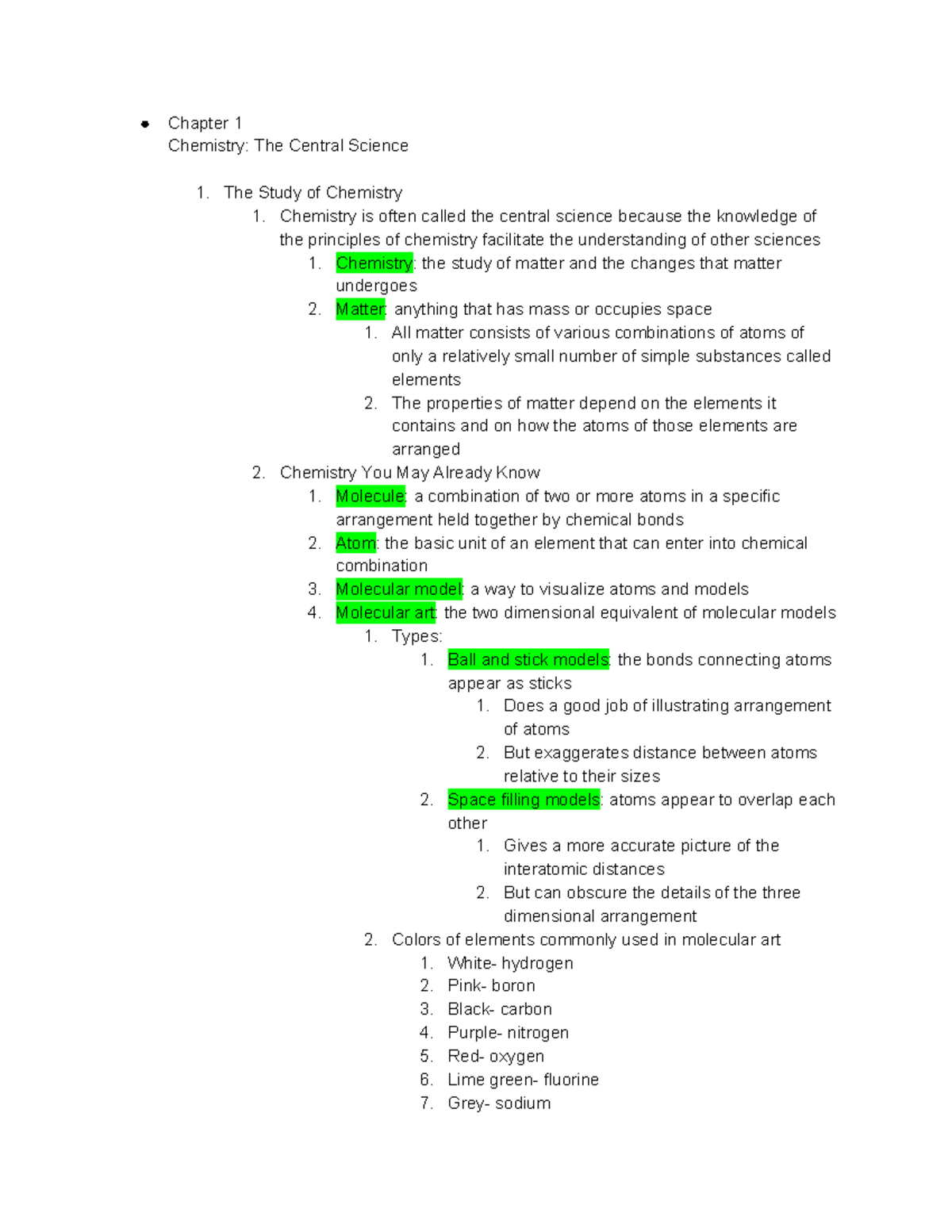 Chemistry 201 Notes - Chapters 1-10 outlined - Chapter 1 Chemistry: The ...