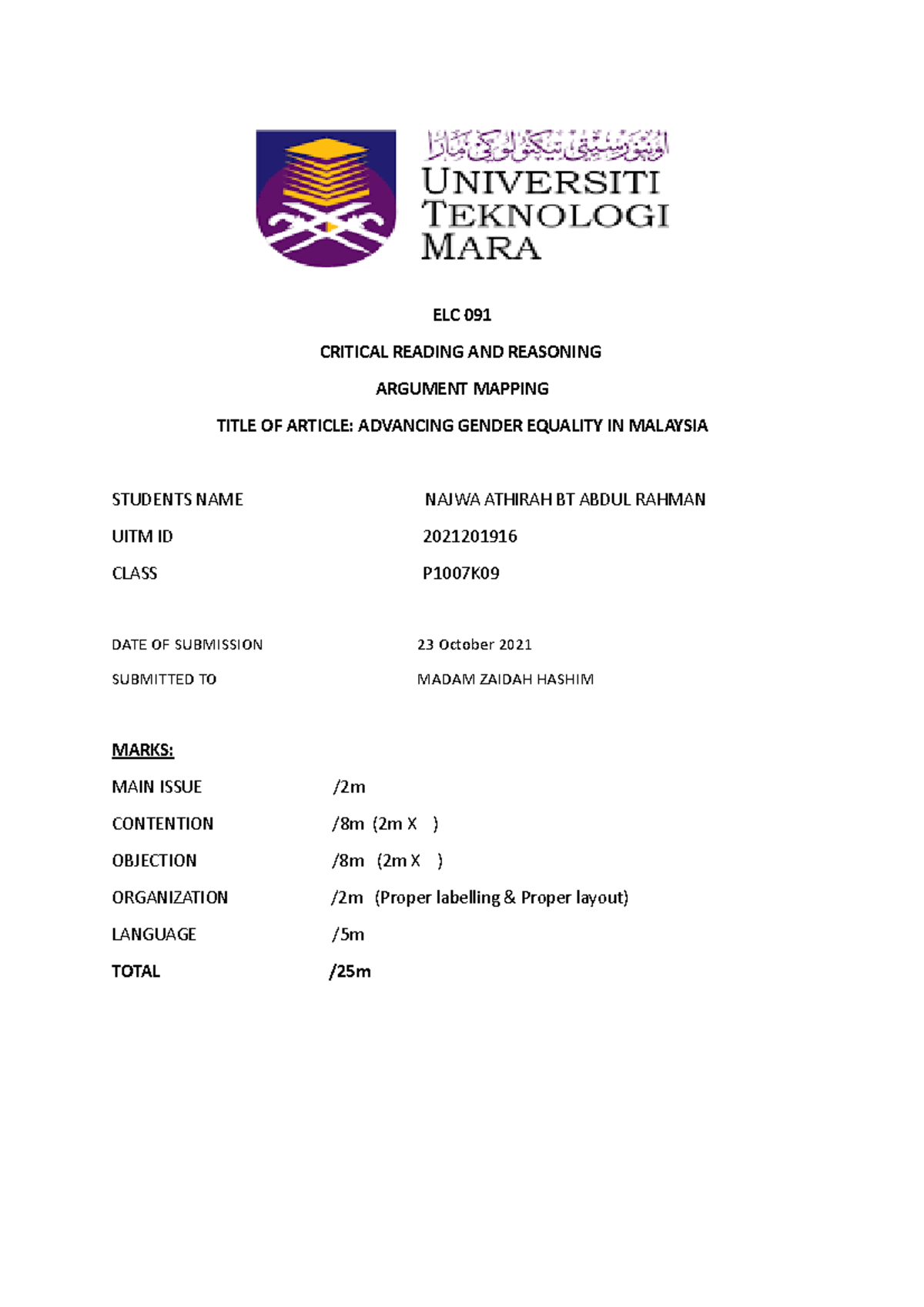 ELC091- Argument Mapping- Sexism IN Malaysia 1 - ELC 091 CRITICAL READING AND REASONING ARGUMENT ...